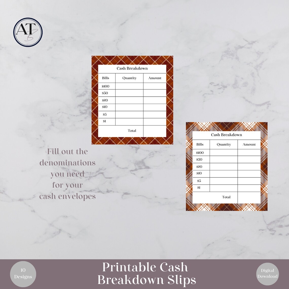 Printable Cash Breakdown Slips, Digital Download, Fall Plaid Designs ...