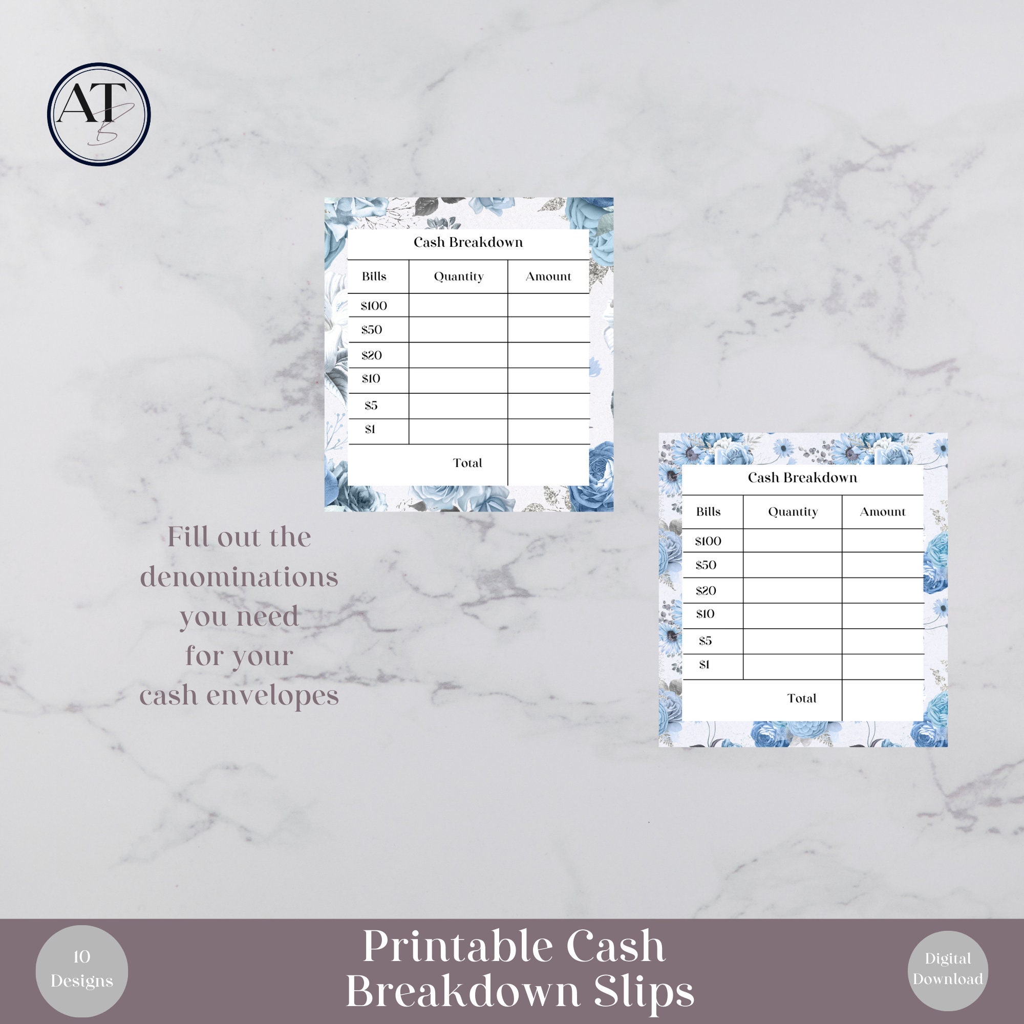 Printable Cash Breakdown Slips, Digital Download, Blue Floral Designs ...