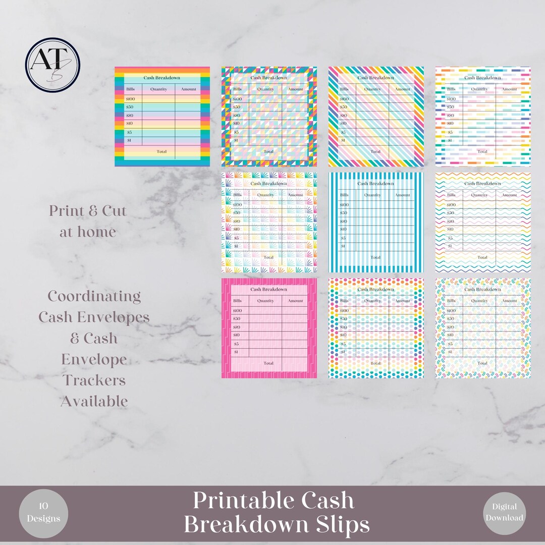 Printable Cash Breakdown Slips, Digital Download, Bright Summer Rainbow ...