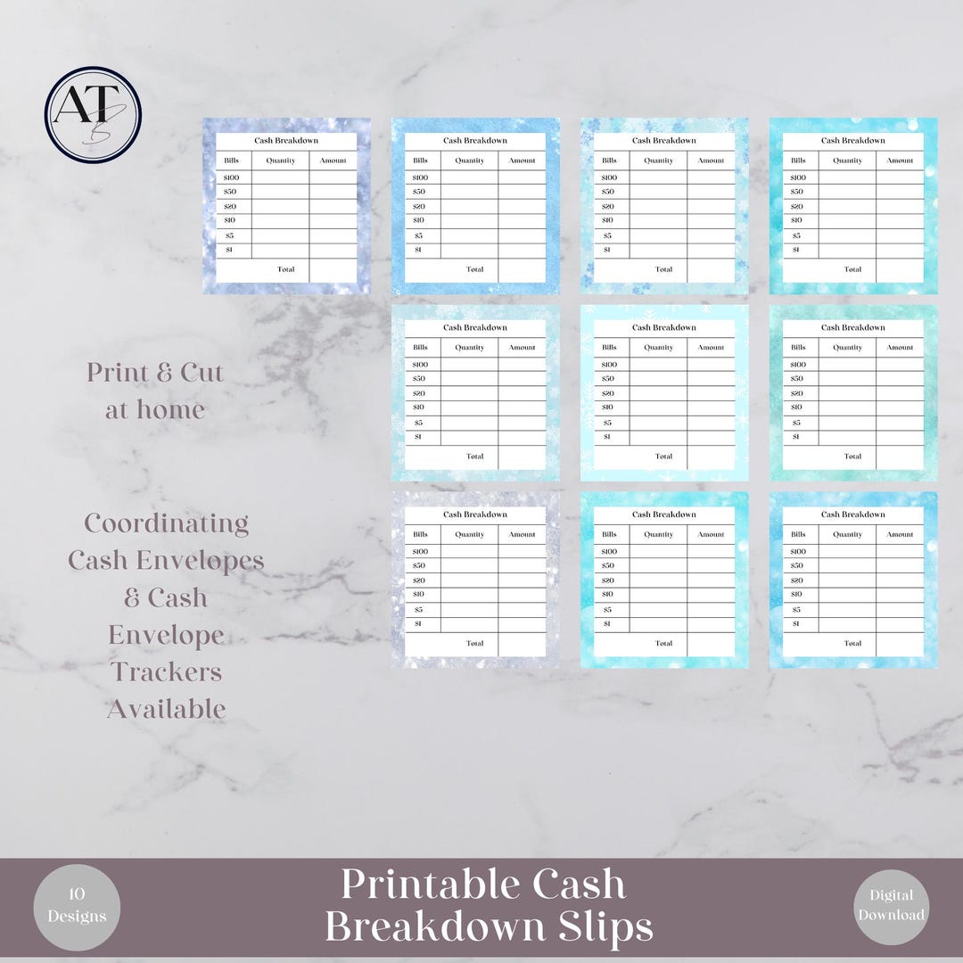 Printable Cash Breakdown Slips, Digital Download, Frozen Winter Designs ...