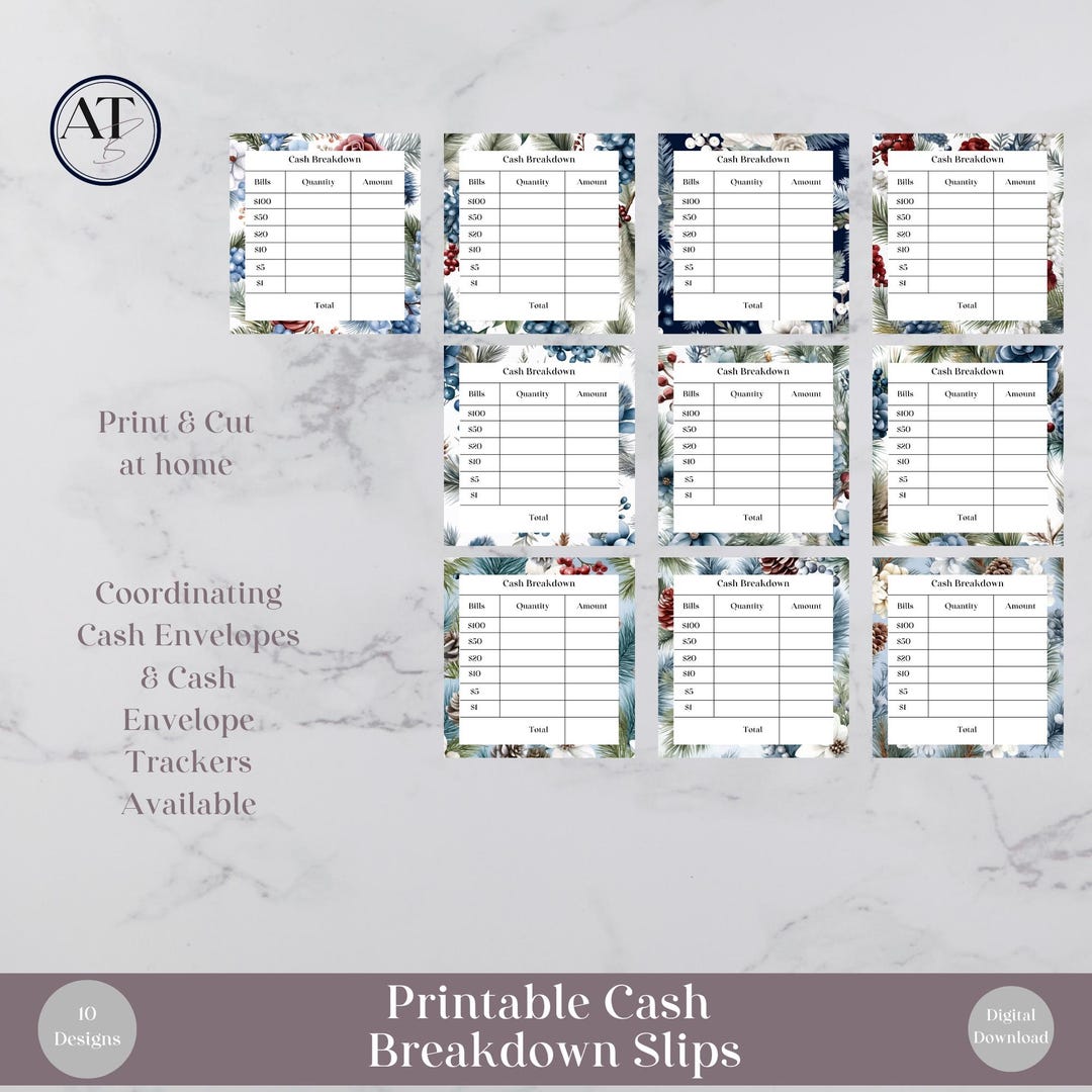 Printable Cash Breakdown Slips, Digital Download, Winter Floral Designs ...