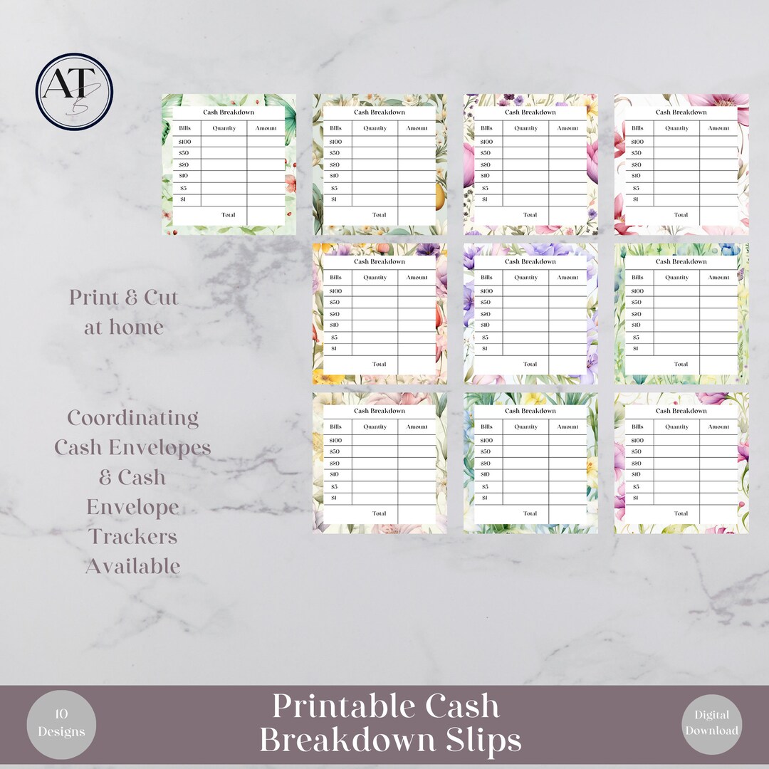 Printable Cash Breakdown Slips, Digital Download, Spring Flowers ...