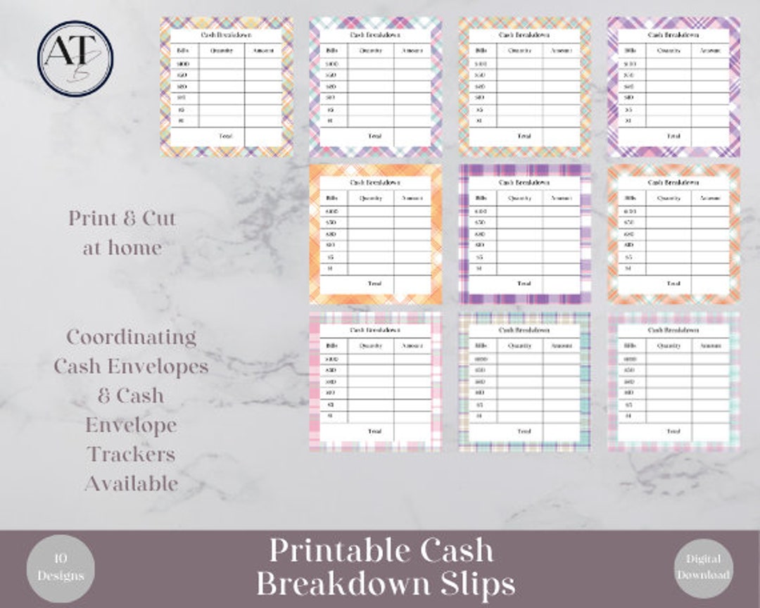 Printable Cash Breakdown Slips, Digital Download, 10 Designs INSTANT ...