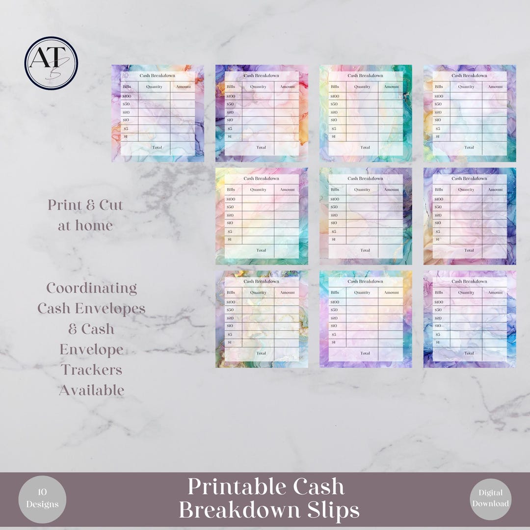 Printable Cash Breakdown Slips, Digital Download, Spring Alcohol Ink ...