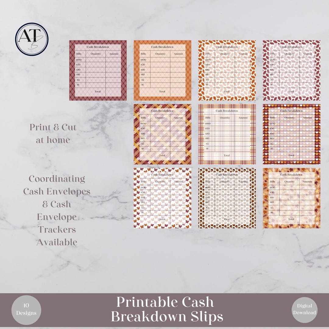 Printable Cash Breakdown Slips, Digital Download, Thanksgiving Designs ...