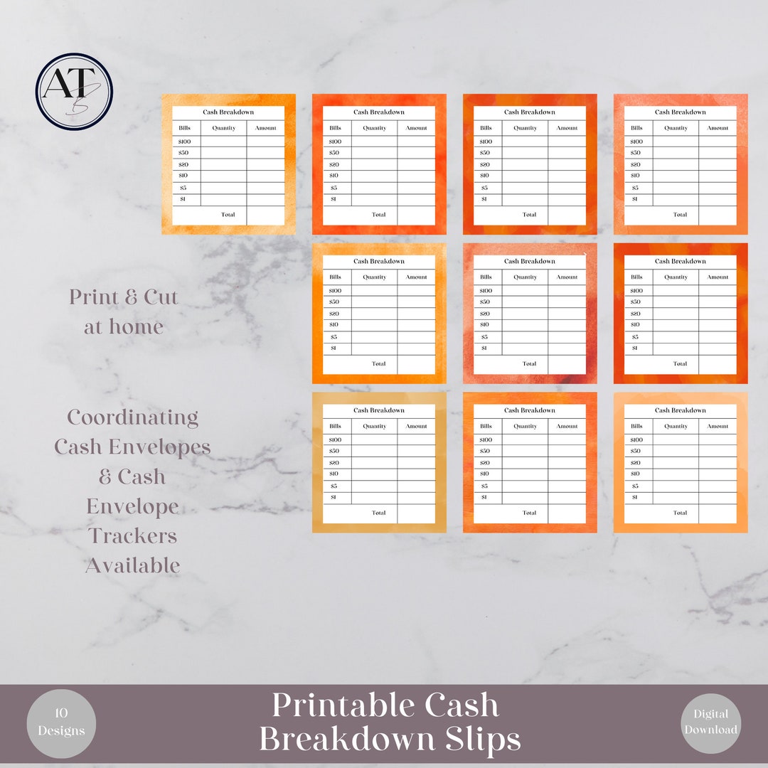 Printable Cash Breakdown Slips, Digital Download, Autumn Watercolor ...