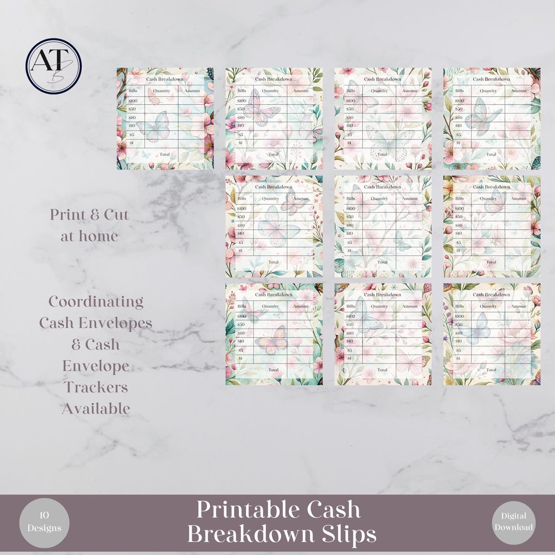 Printable Cash Breakdown Slips, Digital Download, Spring Floral Designs ...