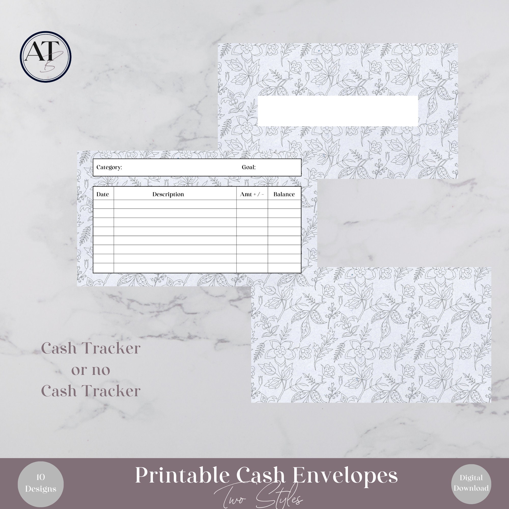 Printable Cash Envelopes, Digital Download, Blue Floral Designs, 2 ...