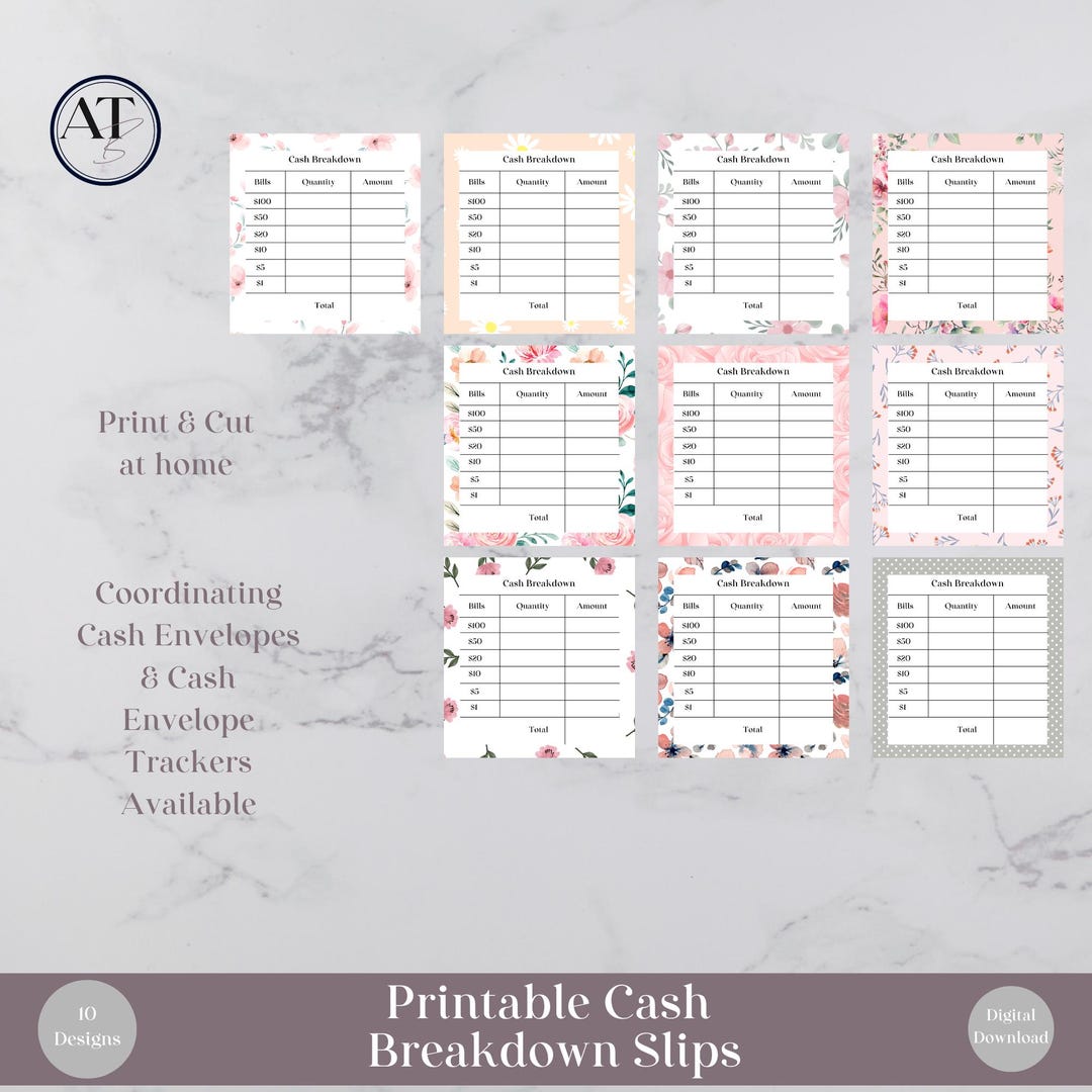 Printable Cash Breakdown Slips, Digital Download, Cottage Chic Floral ...