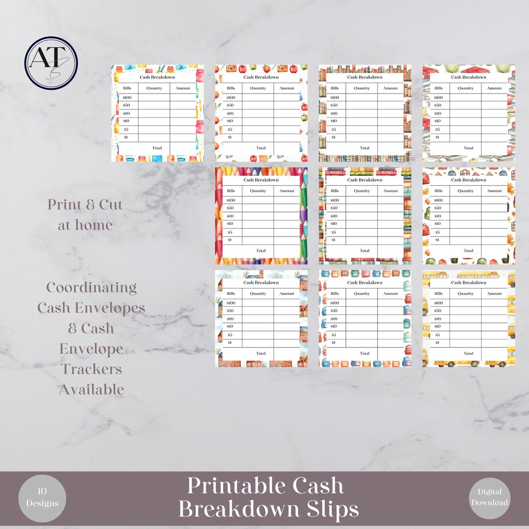 Printable Cash Breakdown Slips, Digital Download, Back to School ...