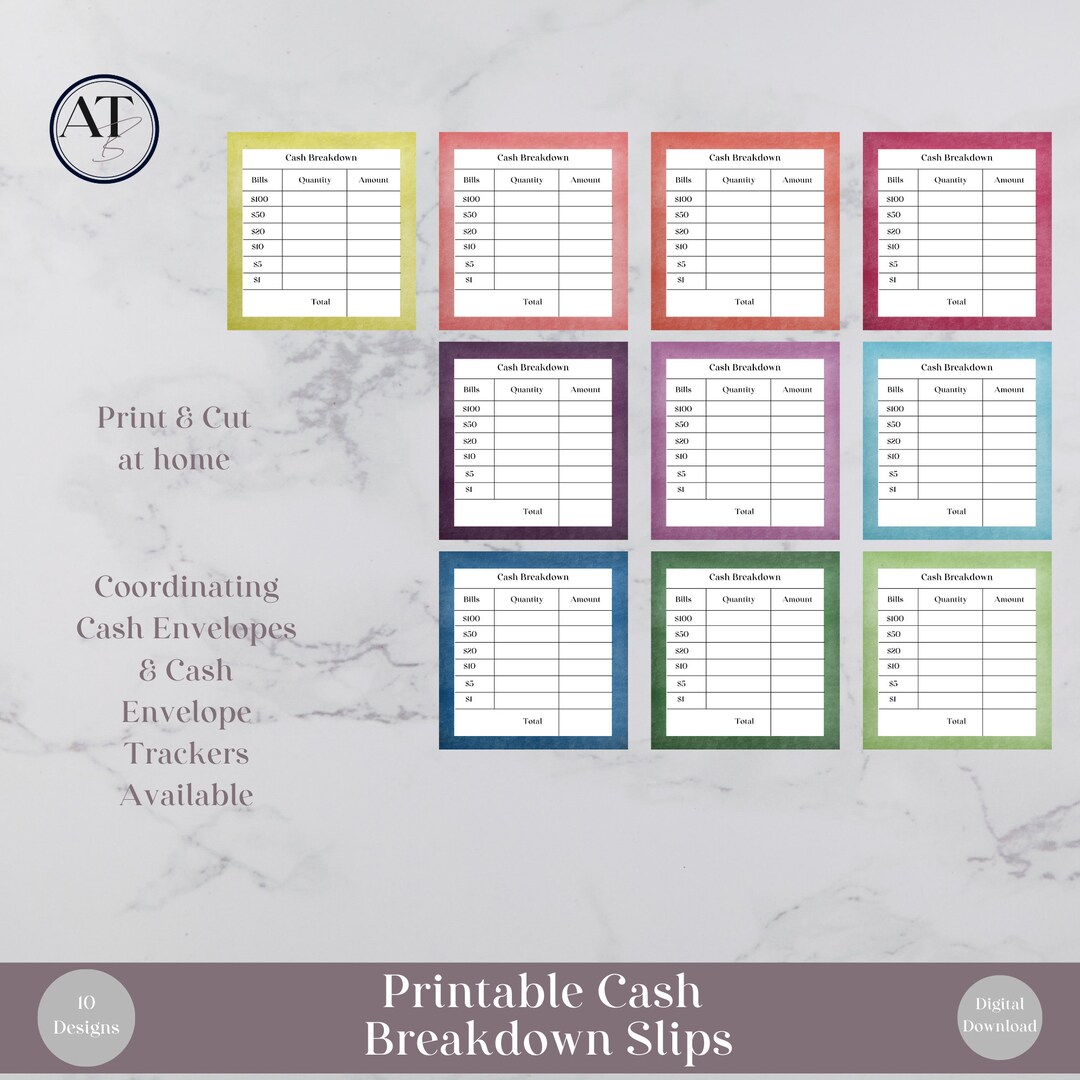 Printable Cash Breakdown Slips, Digital Download, Chalkboard Colors ...