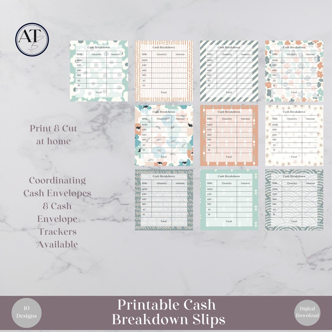 Printable Cash Breakdown Slips, Digital Download, Vintage Summer Boho ...