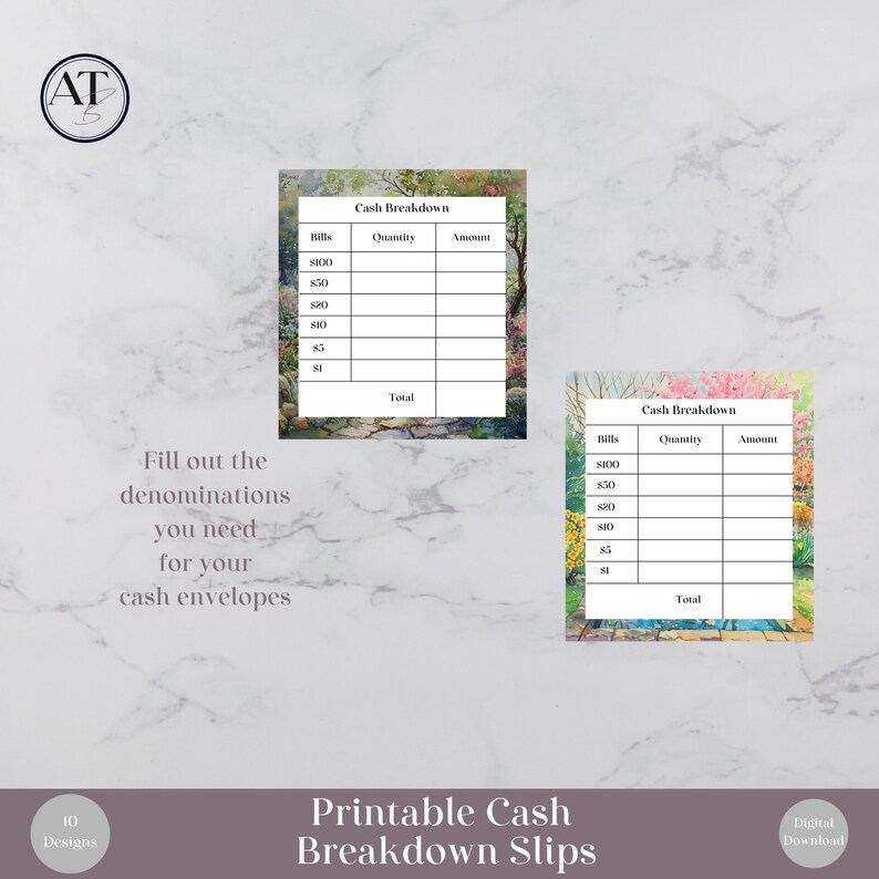 Printable Cash Breakdown Slips, Digital Download, Watercolor Spring ...