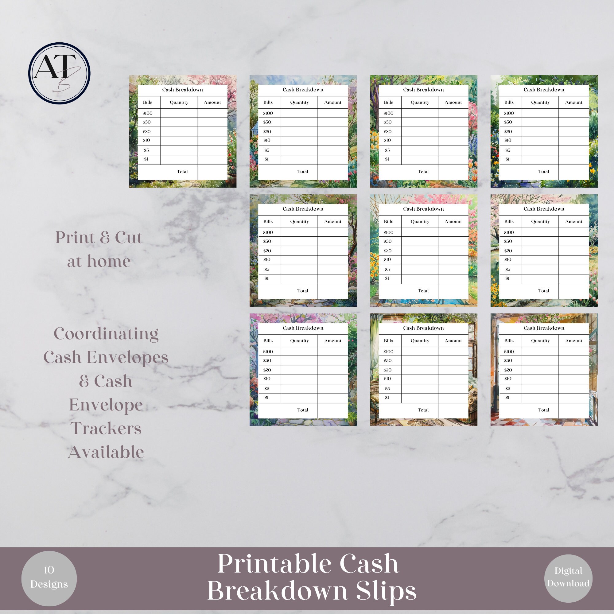 Printable Cash Breakdown Slips, Digital Download, Watercolor Spring ...