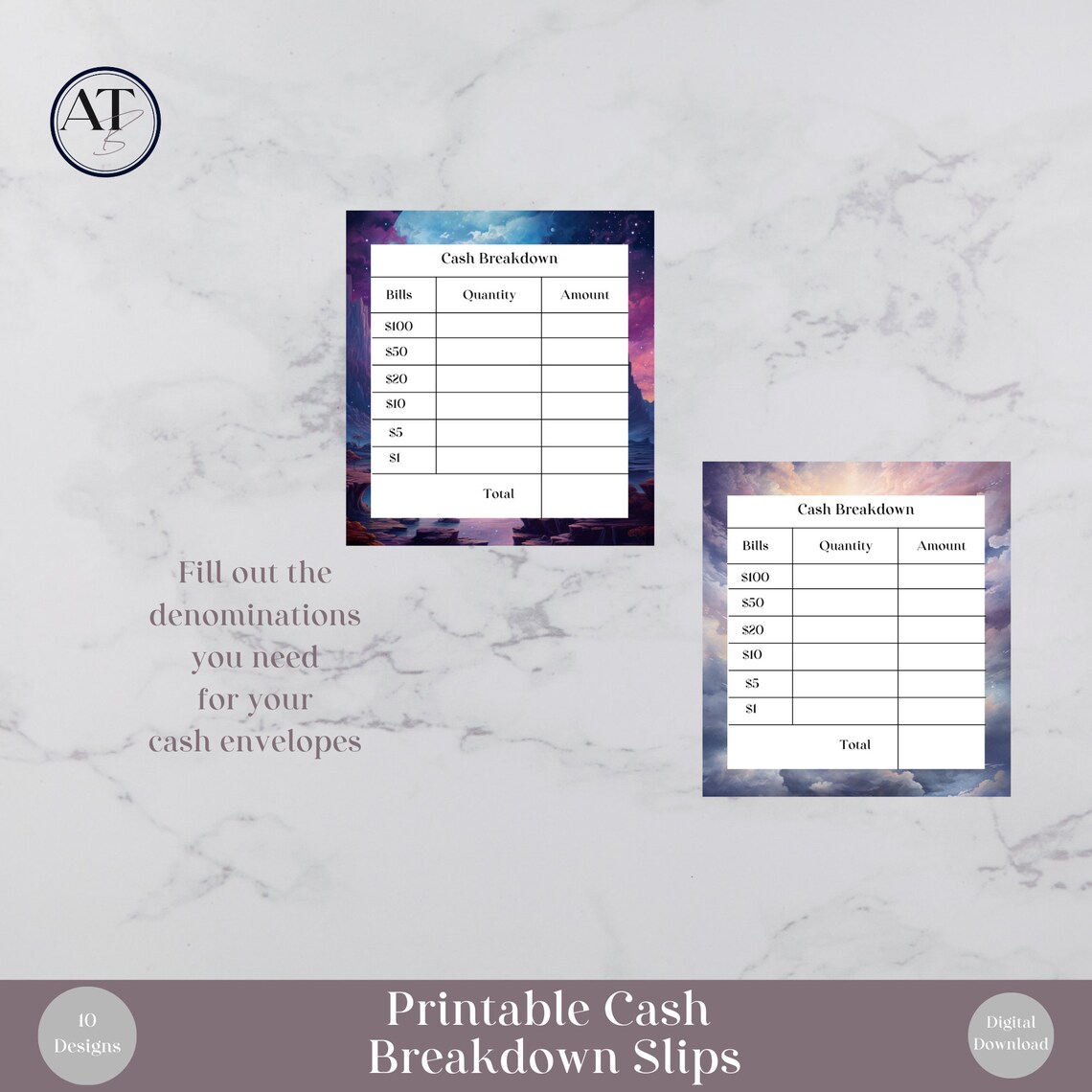 Printable Cash Breakdown Slips, Digital Download, Pastel Sky Designs ...