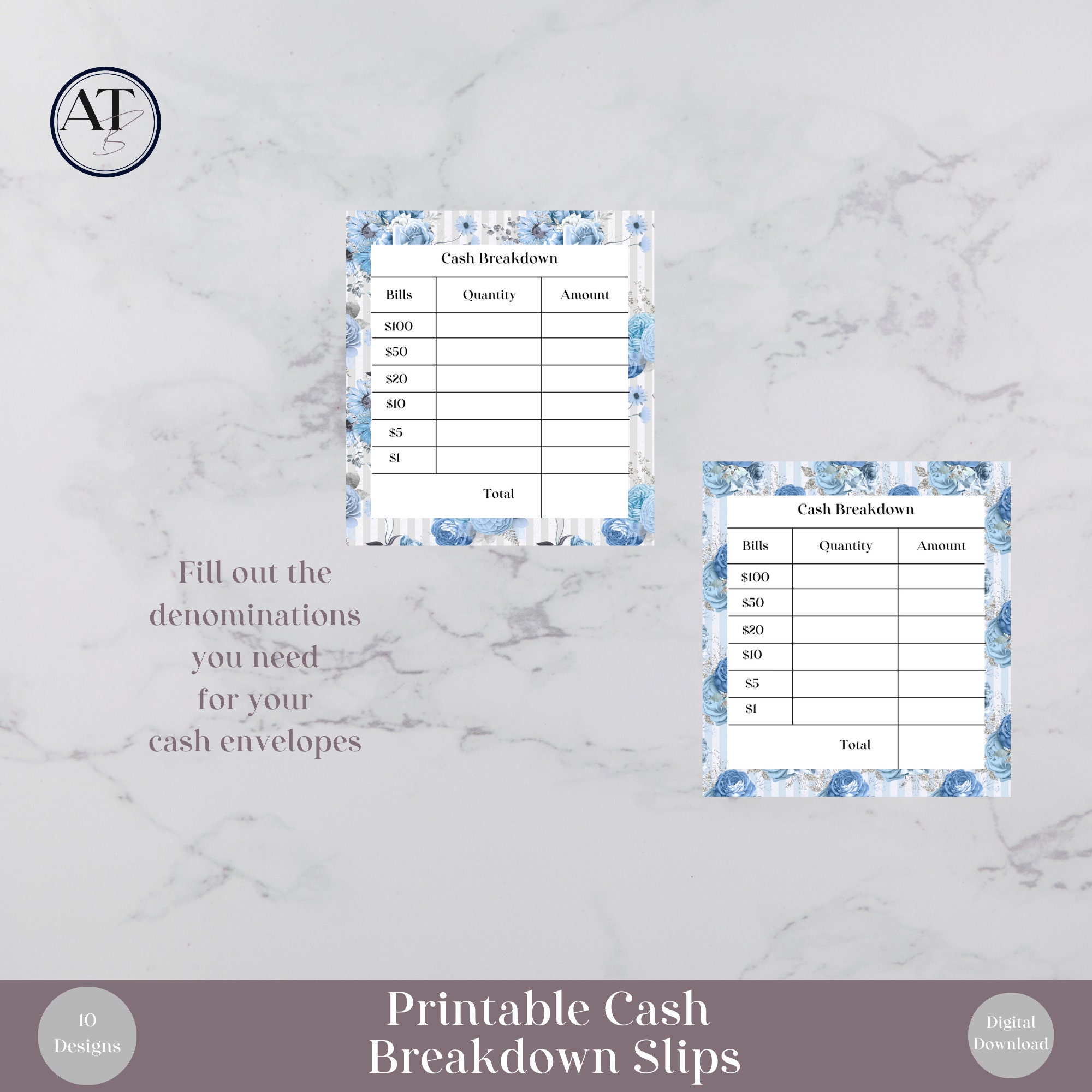 Printable Cash Breakdown Slips, Digital Download, Blue Floral Designs ...