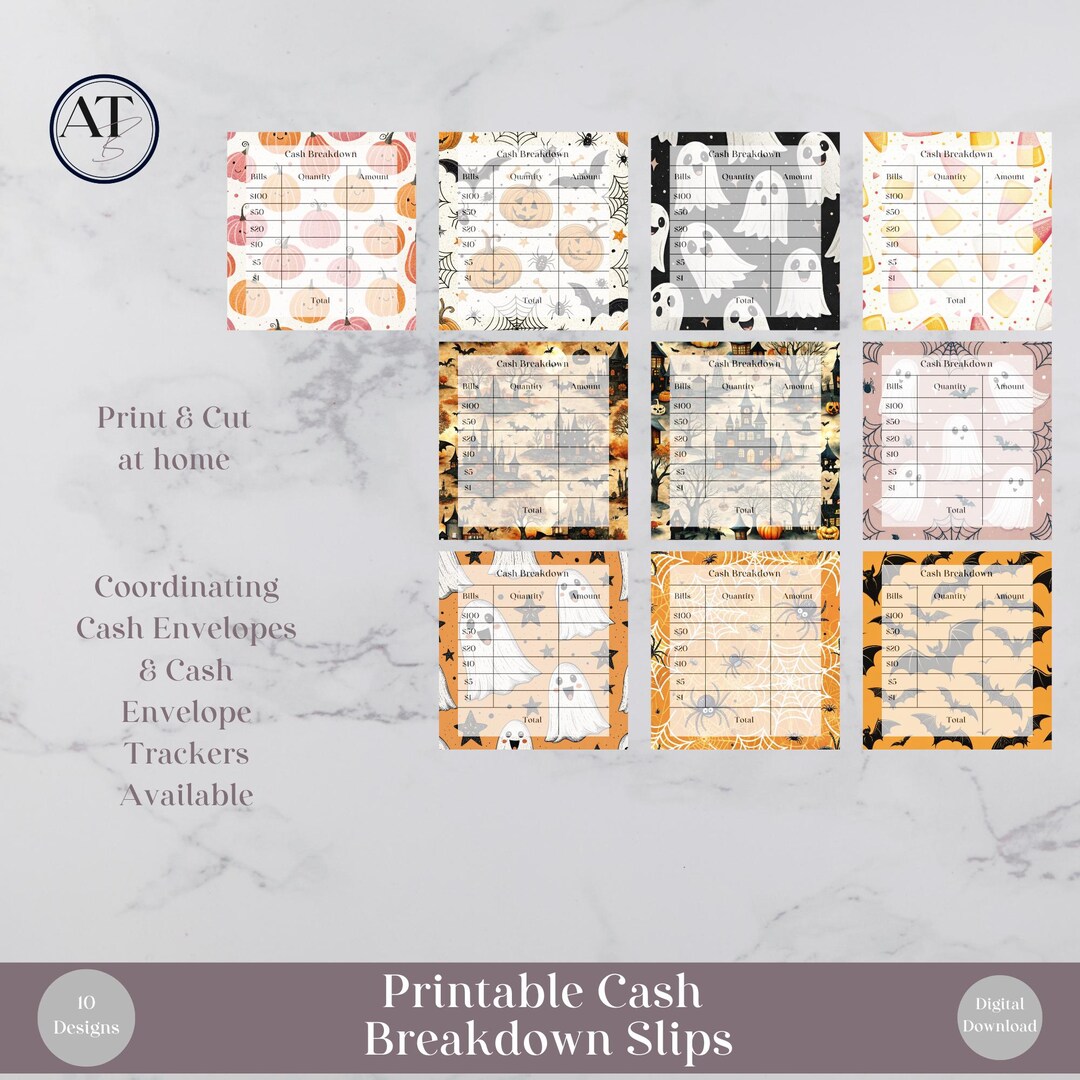 Printable Cash Breakdown Slips, Digital Download, Halloween Designs, 10 ...