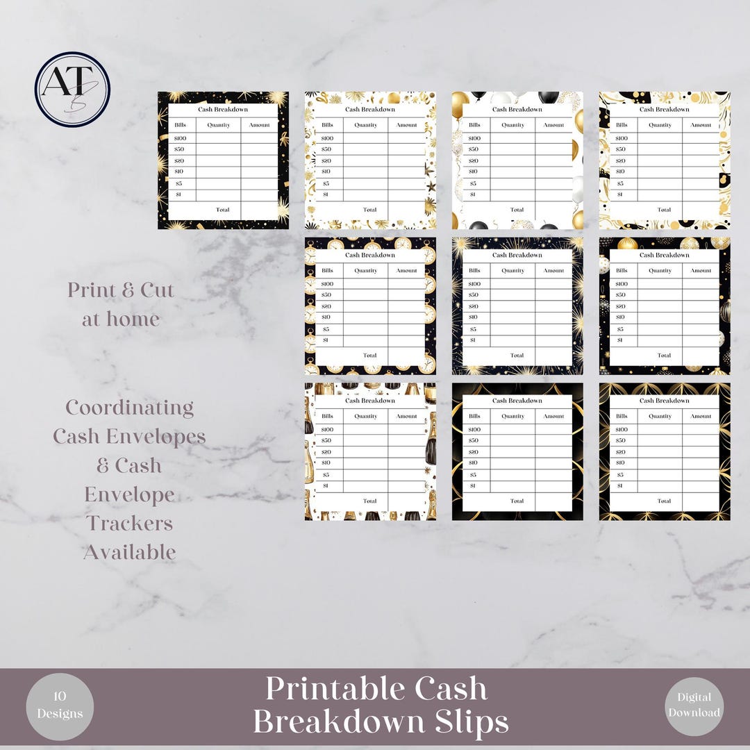 Printable Cash Breakdown Slips, Digital Download, New Year Designs, 10 ...