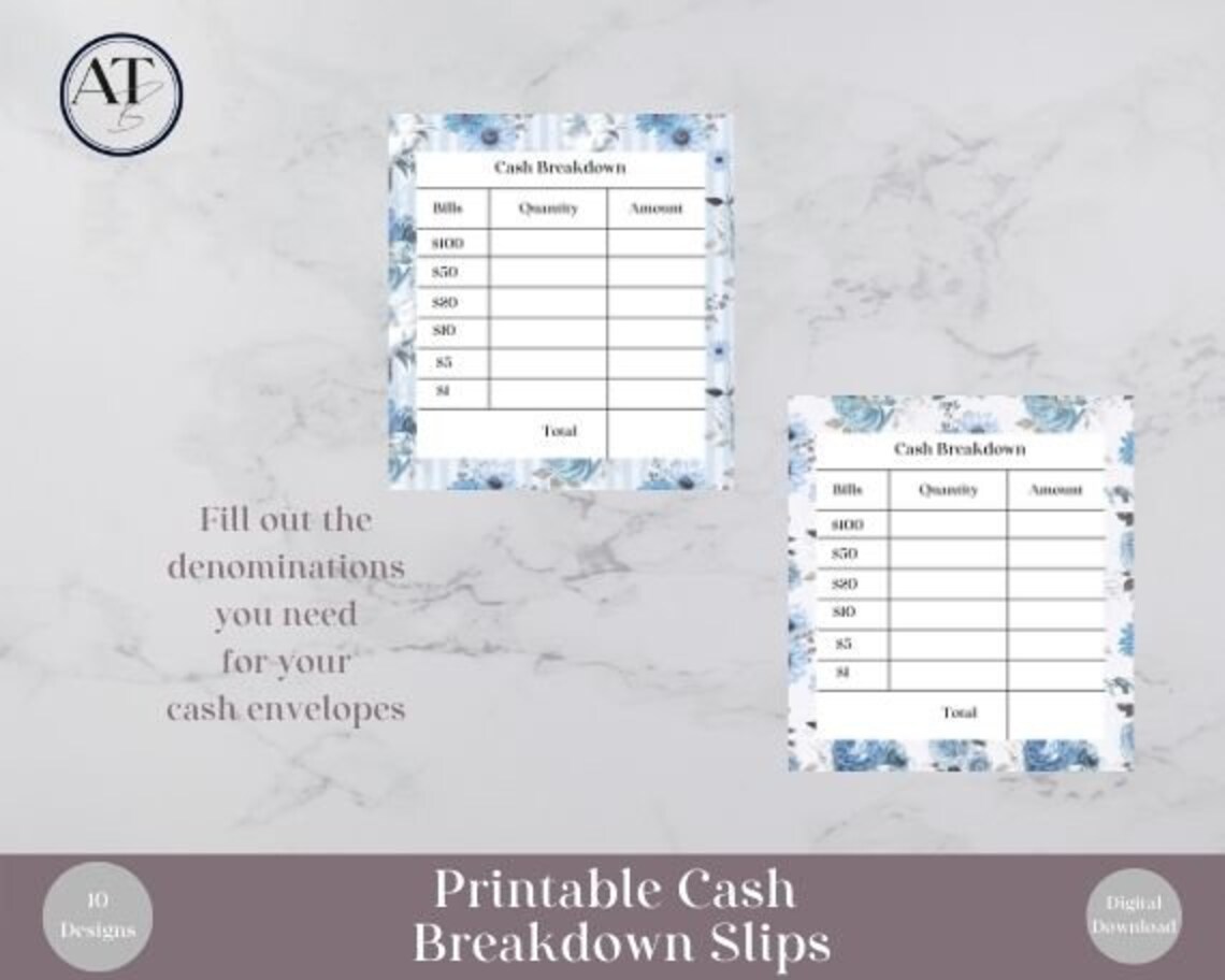Printable Cash Breakdown Slips Digital Download Blue Floral - Etsy