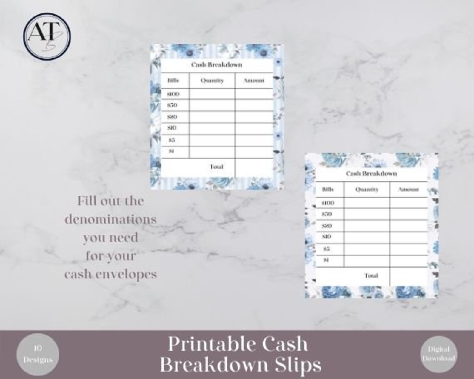 Printable Cash Breakdown Slips Digital Download Blue Floral - Etsy