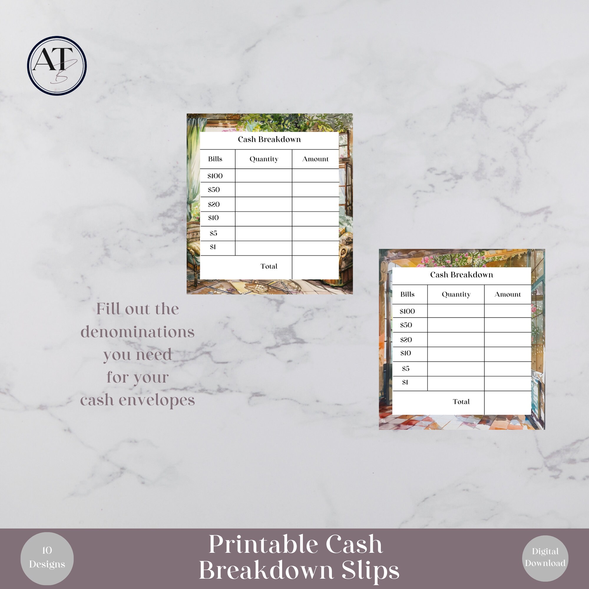 Printable Cash Breakdown Slips, Digital Download, Watercolor Spring ...