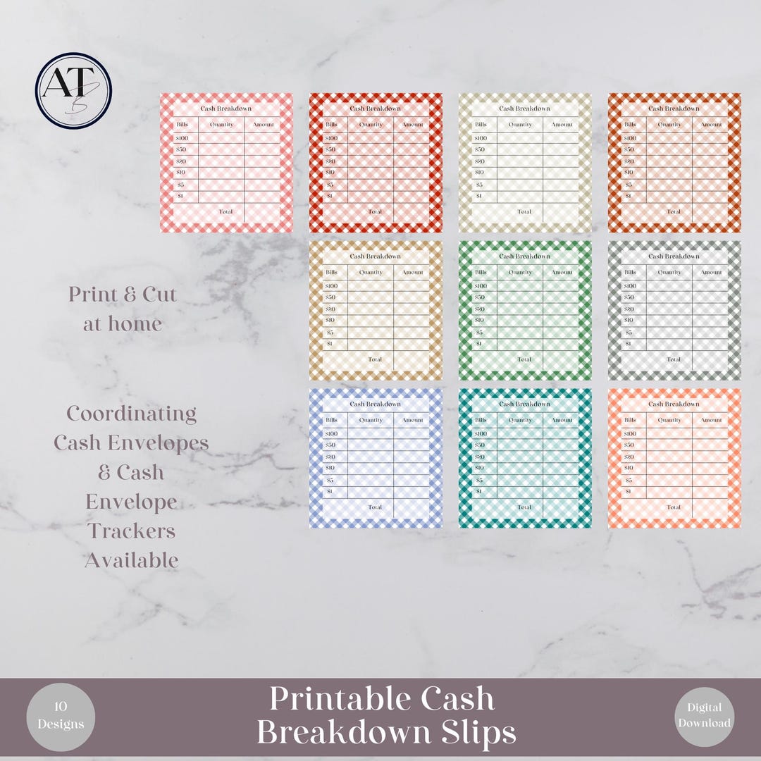 Printable Cash Breakdown Slips, Digital Download, Spring Gingham ...