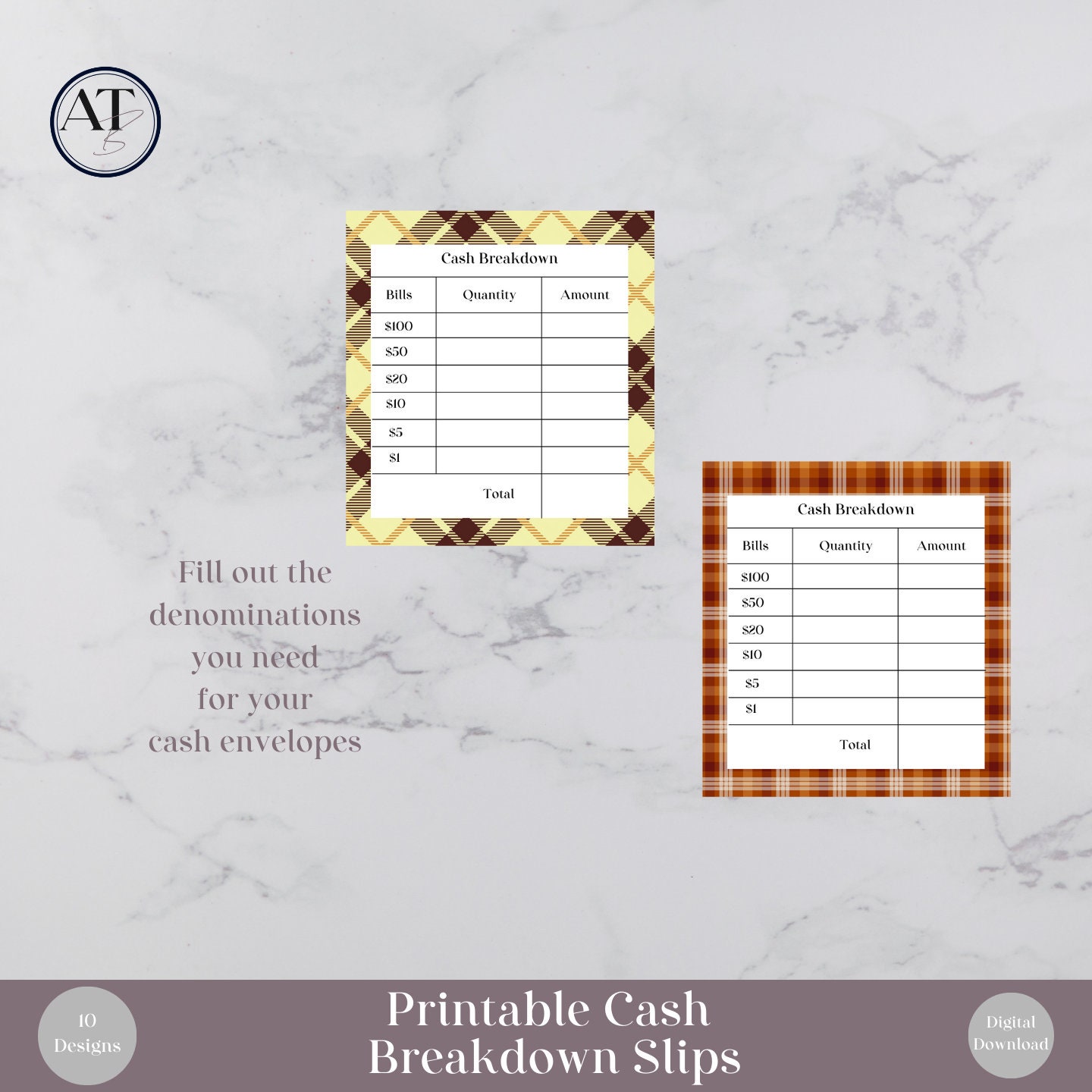 Printable Cash Breakdown Slips, Digital Download, Fall Plaid Designs ...
