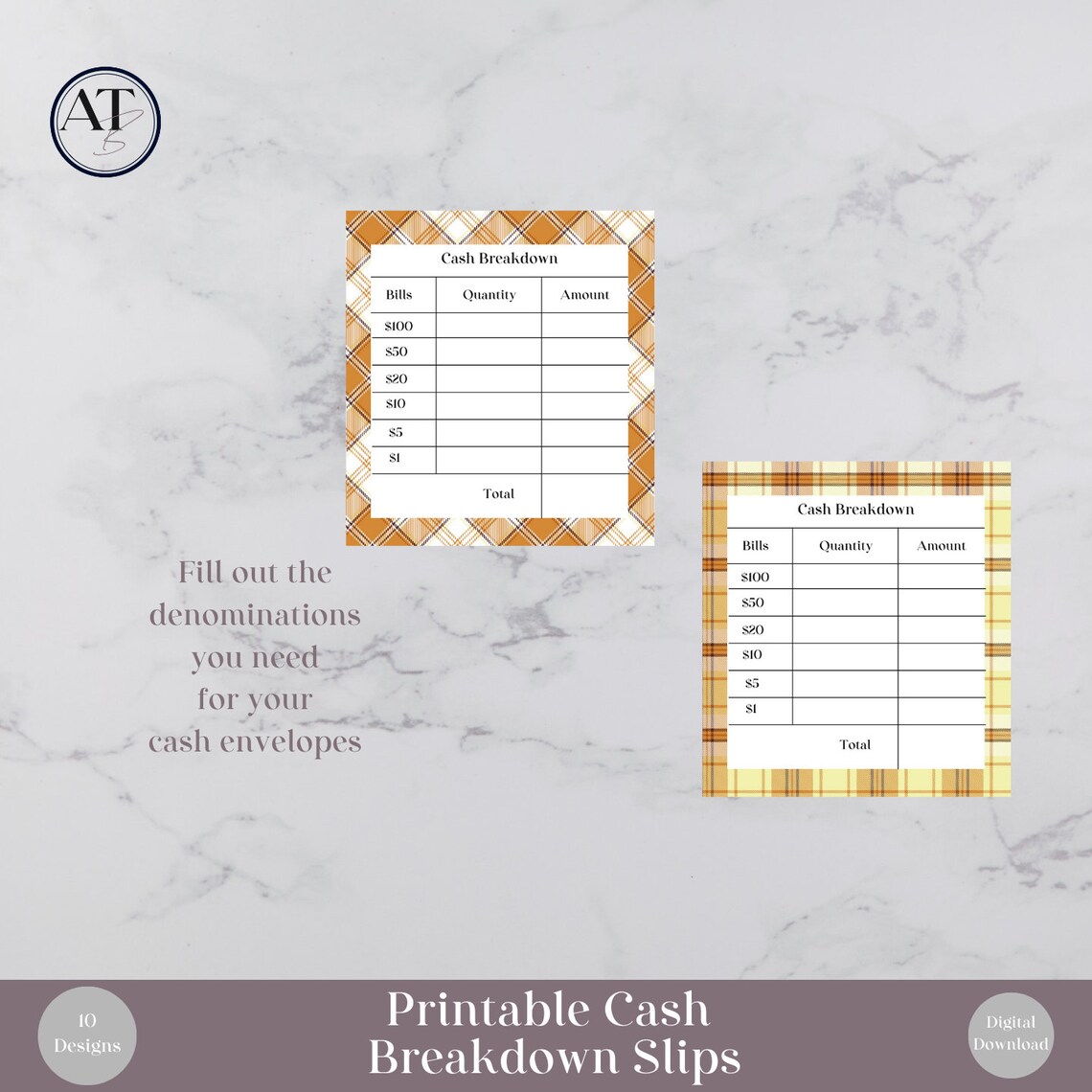 Printable Cash Breakdown Slips, Digital Download, Fall Plaid Designs ...
