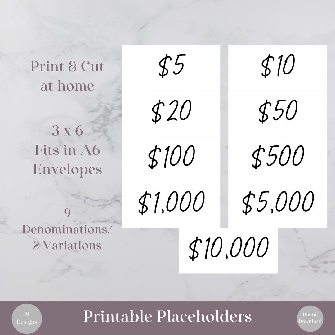 Dollar Bill Placeholders for Cash Stuffing | Printable Cash Place ...