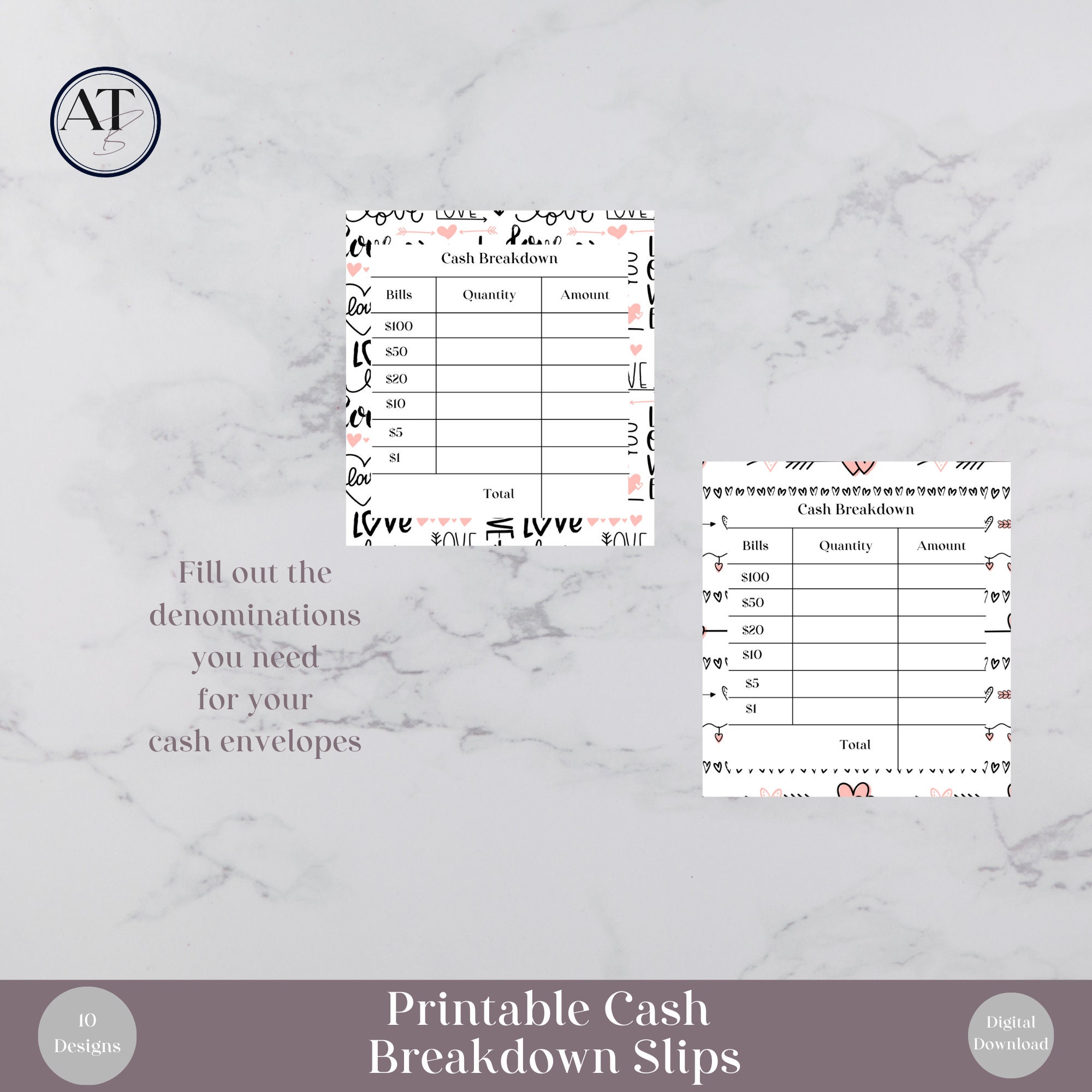 Printable Cash Breakdown Slips, Digital Download, Black & Pink ...