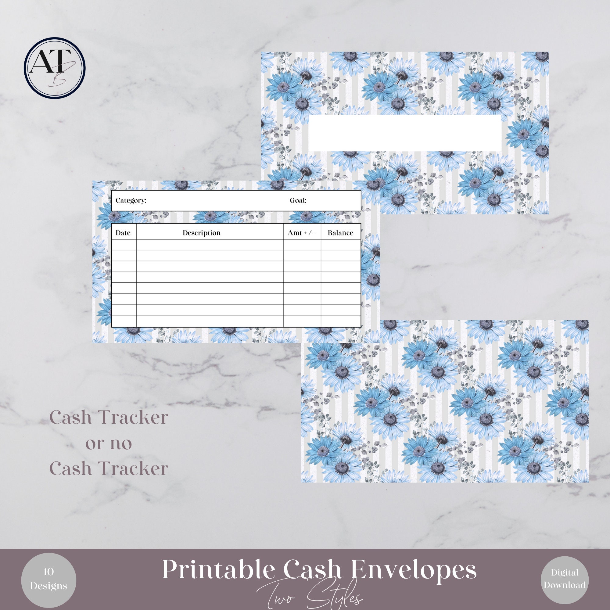 Printable Cash Envelopes, Digital Download, Blue Floral Designs, 2 ...