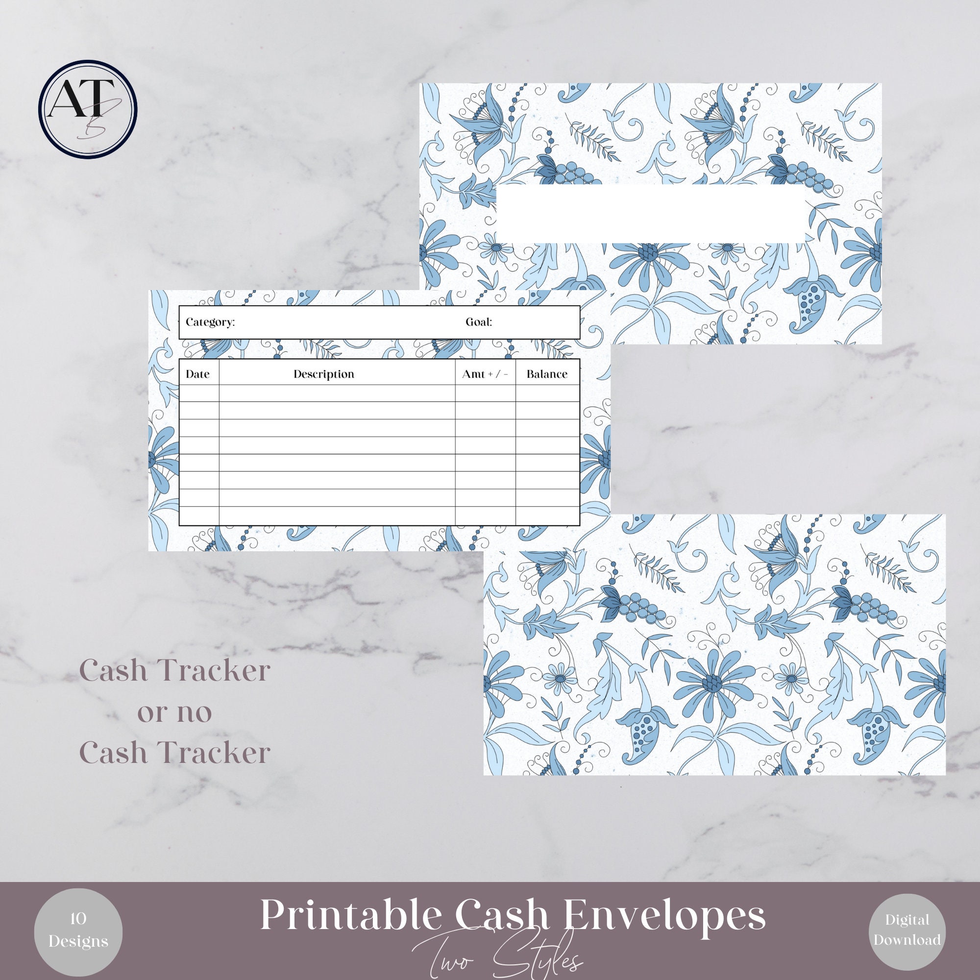 Printable Cash Envelopes, Digital Download, Blue Floral Designs, 2 ...