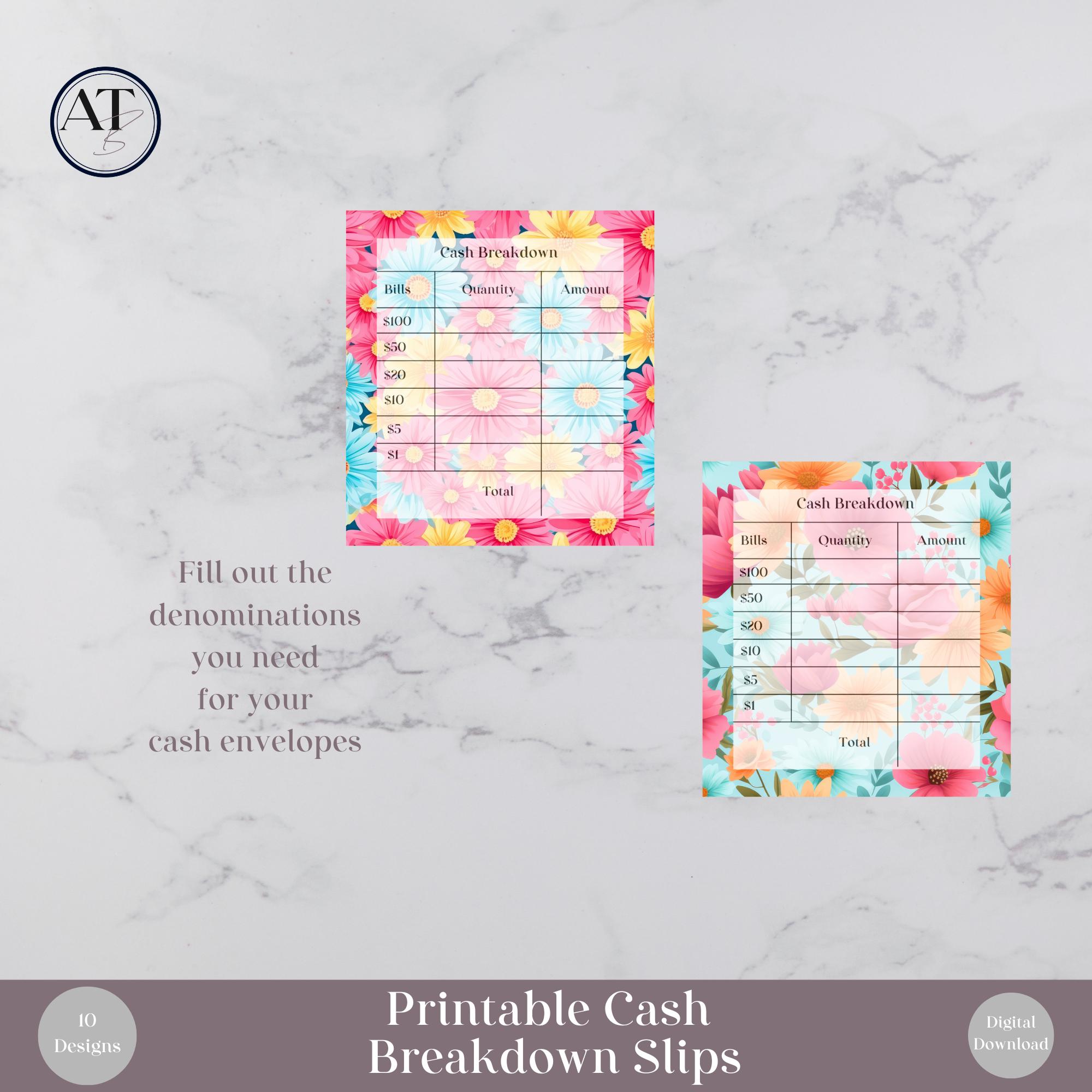 Printable Cash Breakdown Slips, Digital Download, Bright Summer Flowers ...