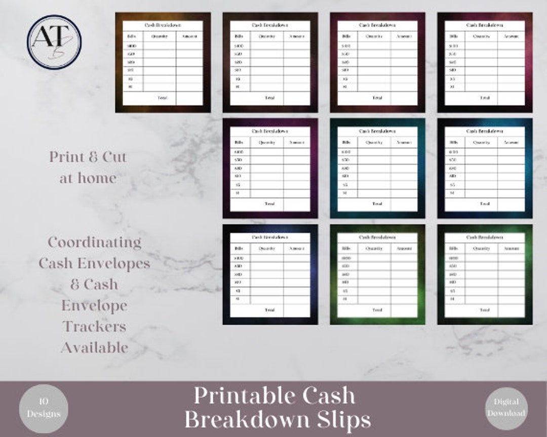 Printable Cash Breakdown Slips, Digital Download, 10 Designs INSTANT ...