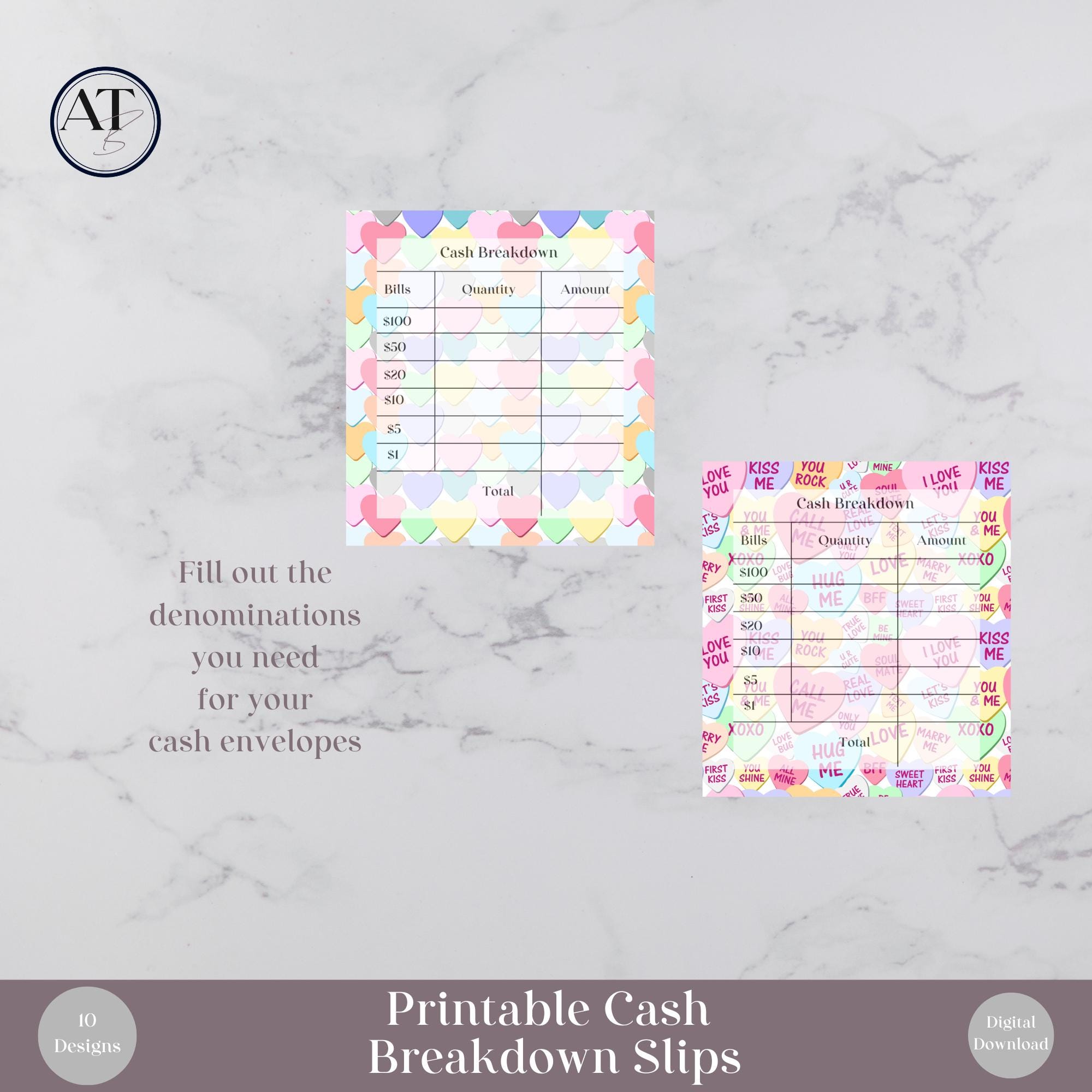 Printable Cash Breakdown Slips, Budgeting PDF (10 Designs) (digital ...