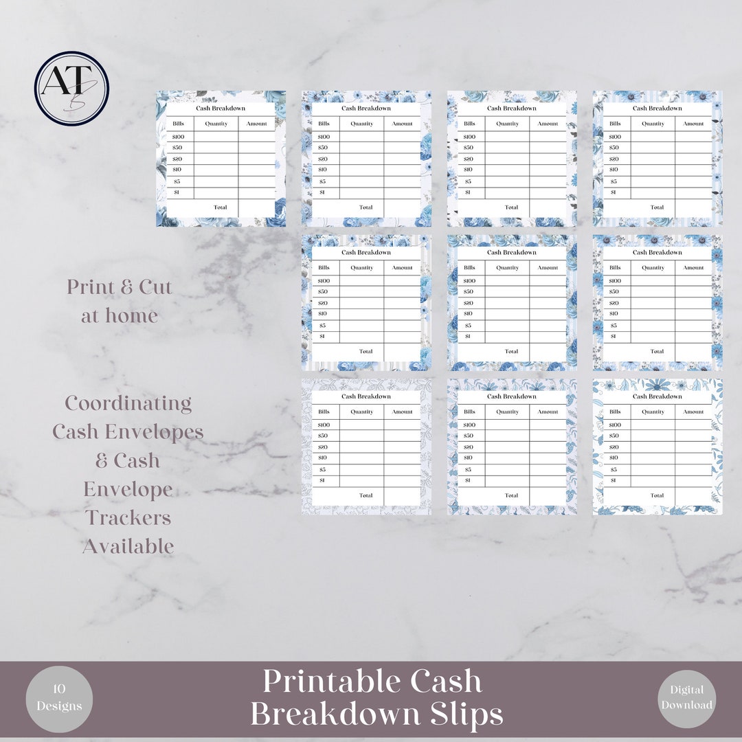 Printable Cash Breakdown Slips, Digital Download, Blue Floral Designs ...