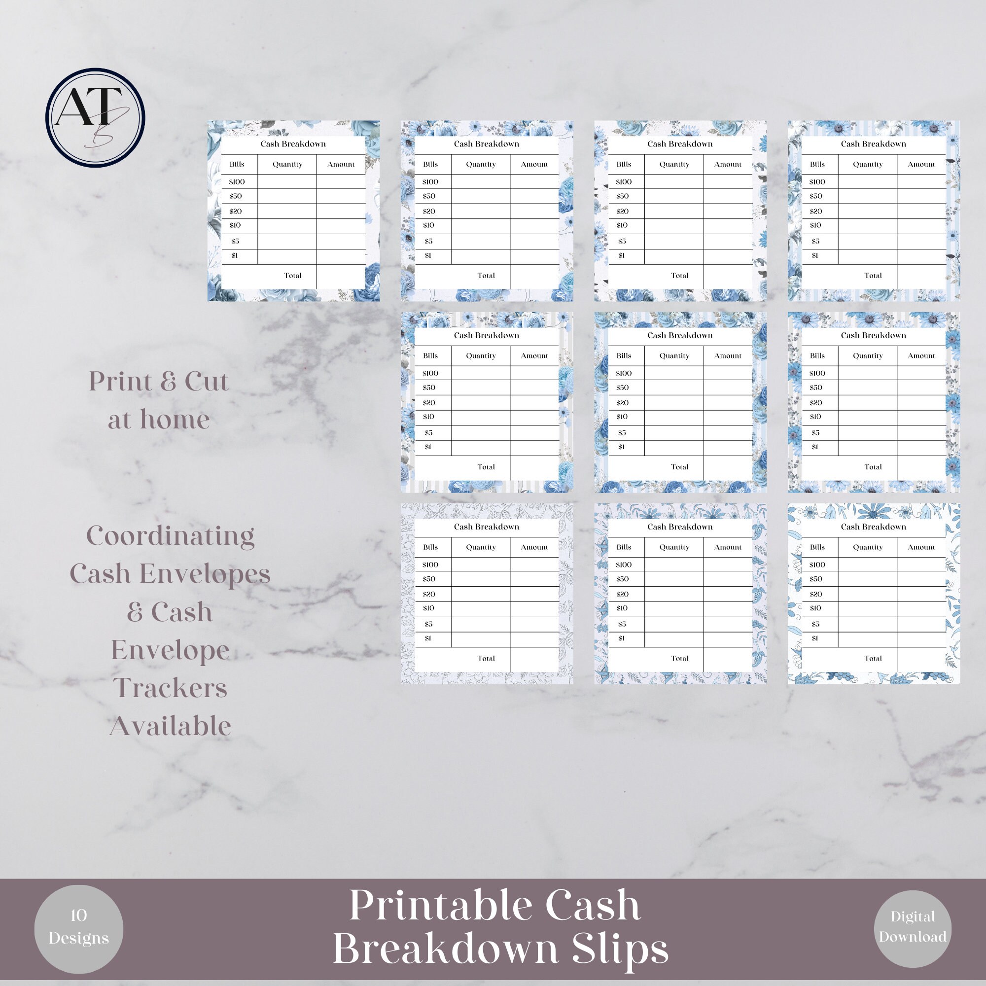 Printable Cash Breakdown Slips, Digital Download, Blue Floral Designs ...