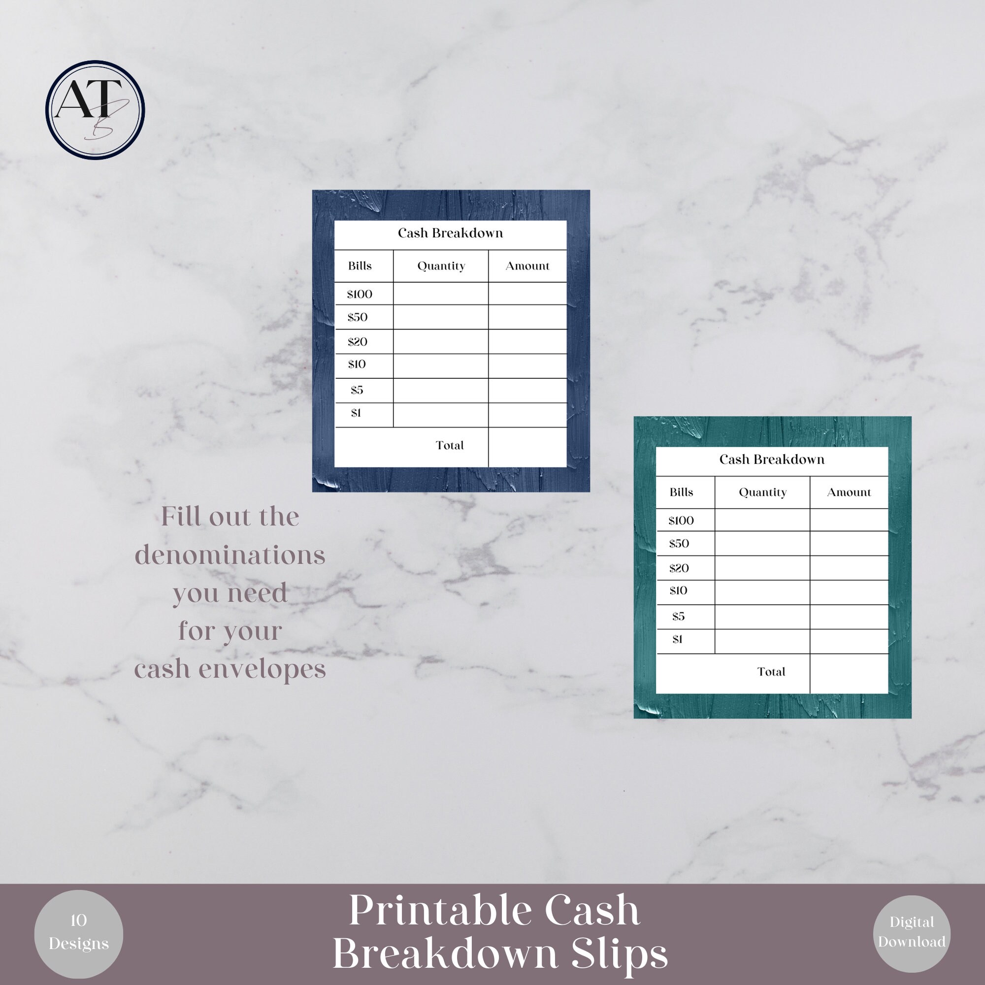 Printable Cash Breakdown Slips, Digital Download, Thick Paint Texture ...