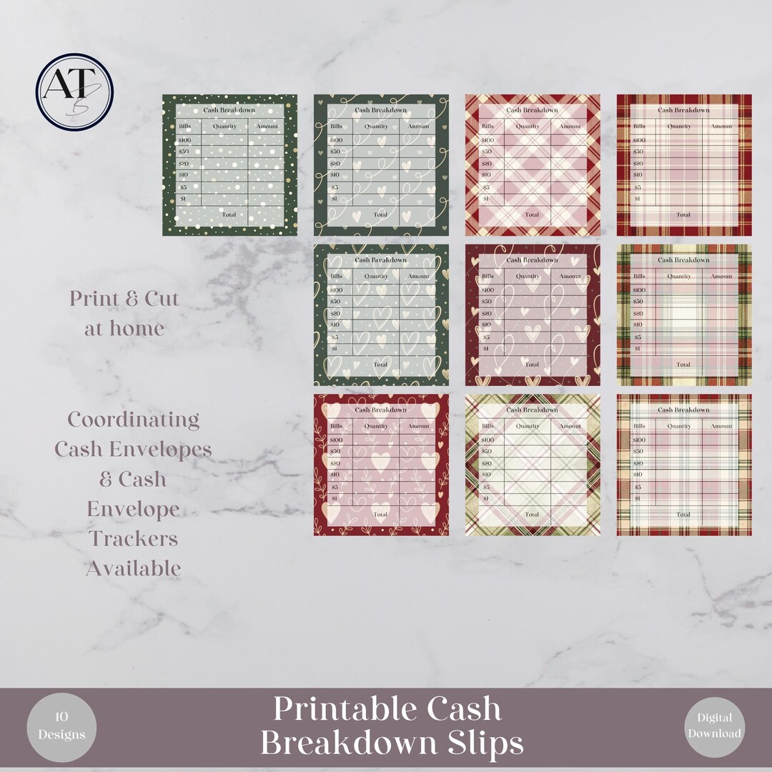 Printable Cash Breakdown Slips, Digital Download, Christmas Plaid ...