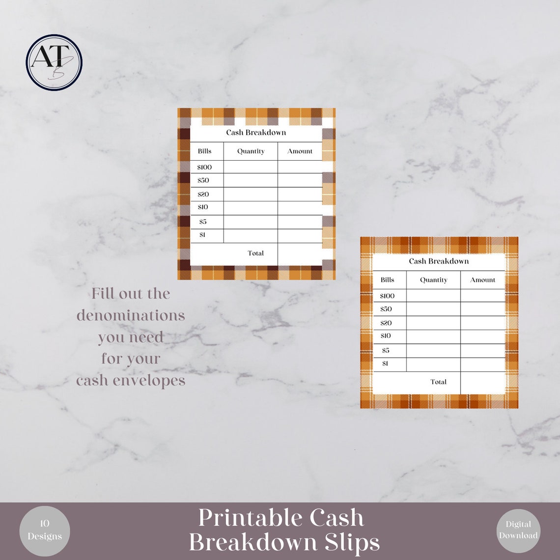 Printable Cash Breakdown Slips, Digital Download, Fall Plaid Designs ...