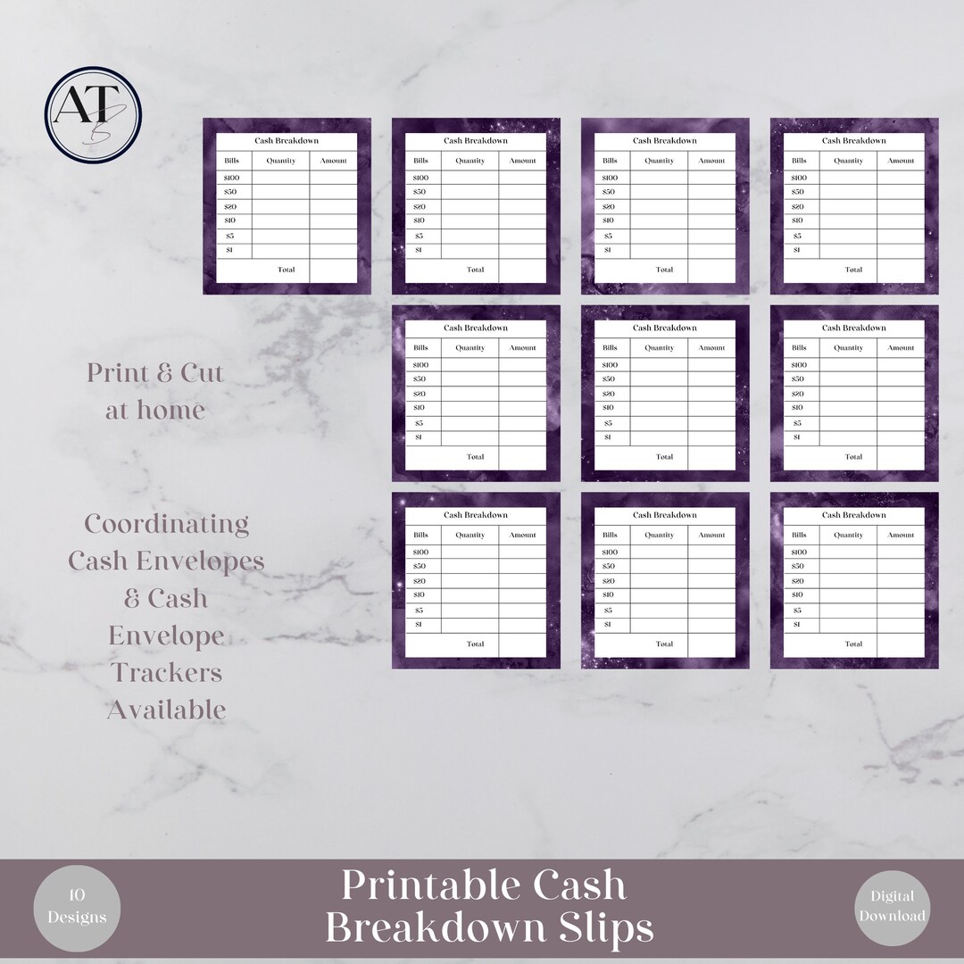 Printable Cash Breakdown Slips, Digital Download, Purple Galaxy Glitter ...