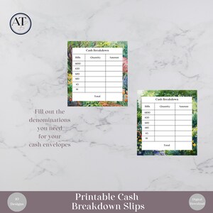 Printable Cash Breakdown Slips, Digital Download, Watercolor Spring ...