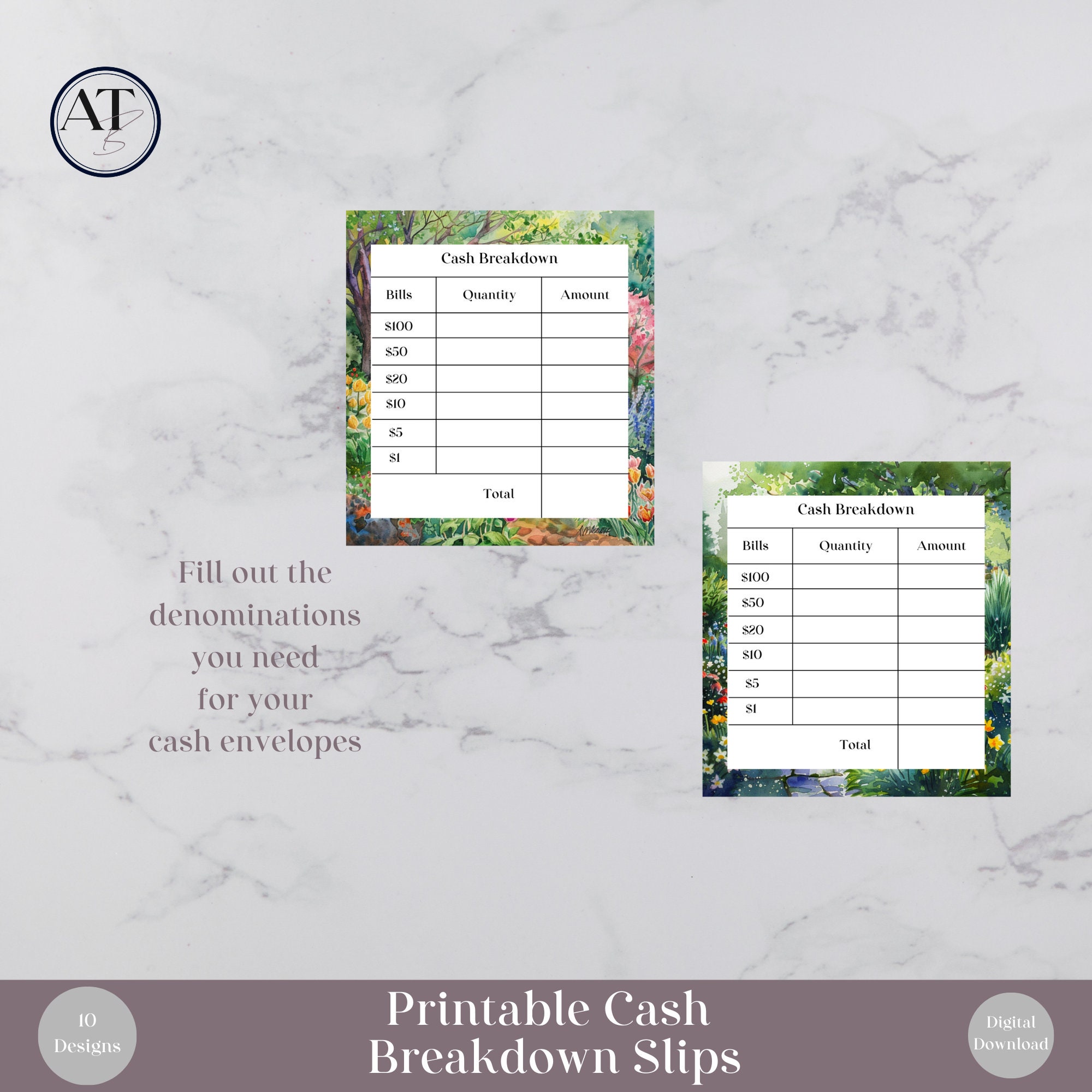 Printable Cash Breakdown Slips, Digital Download, Watercolor Spring ...
