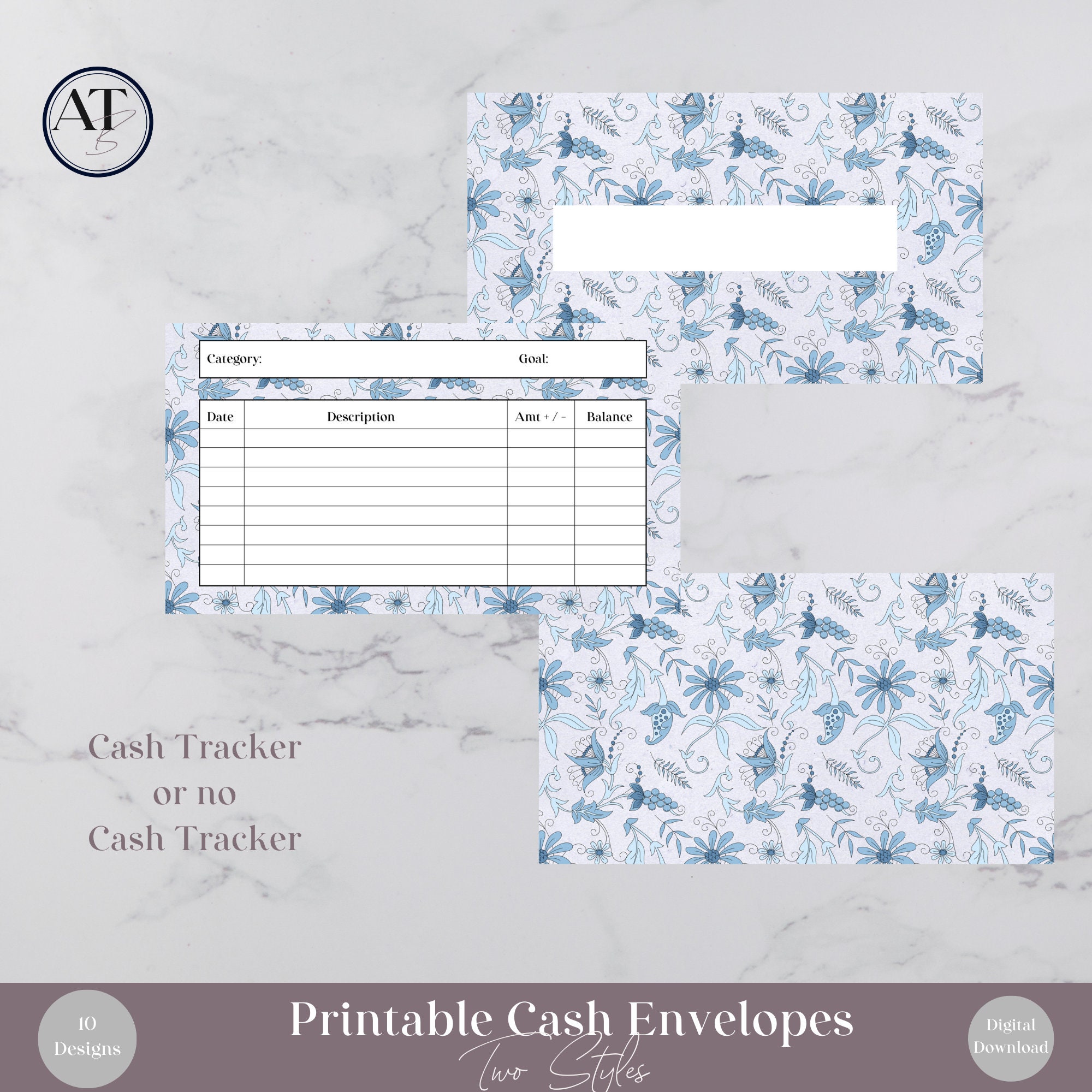 Printable Cash Envelopes, Digital Download, Blue Floral Designs, 2 ...
