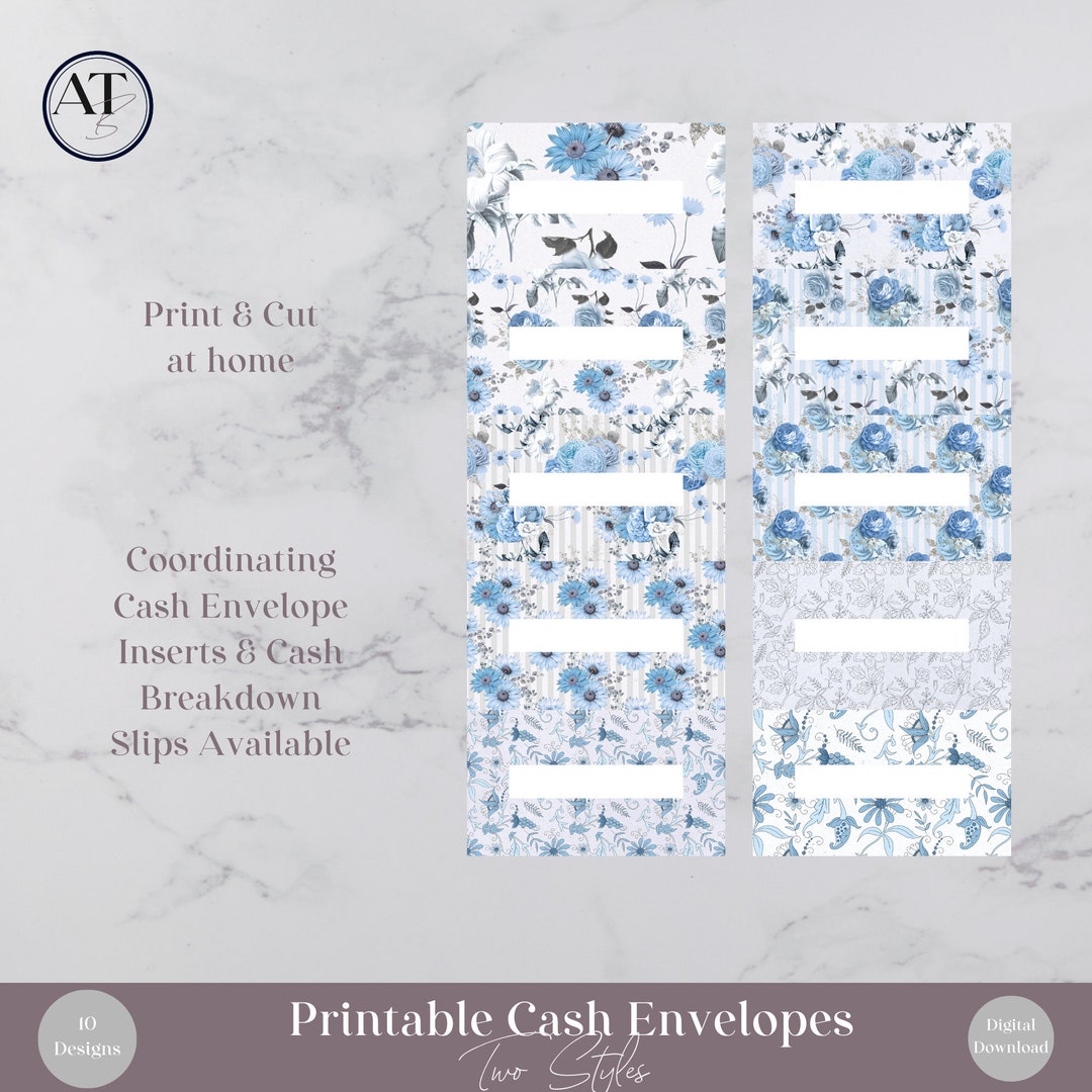 Printable Cash Envelopes, Digital Download, Blue Floral Designs, 2 ...