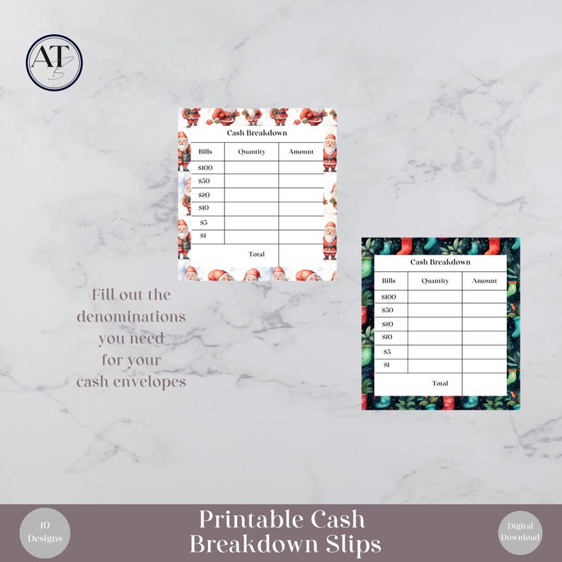 Printable Cash Breakdown Slips, Digital Download, Christmas Designs, 10 ...