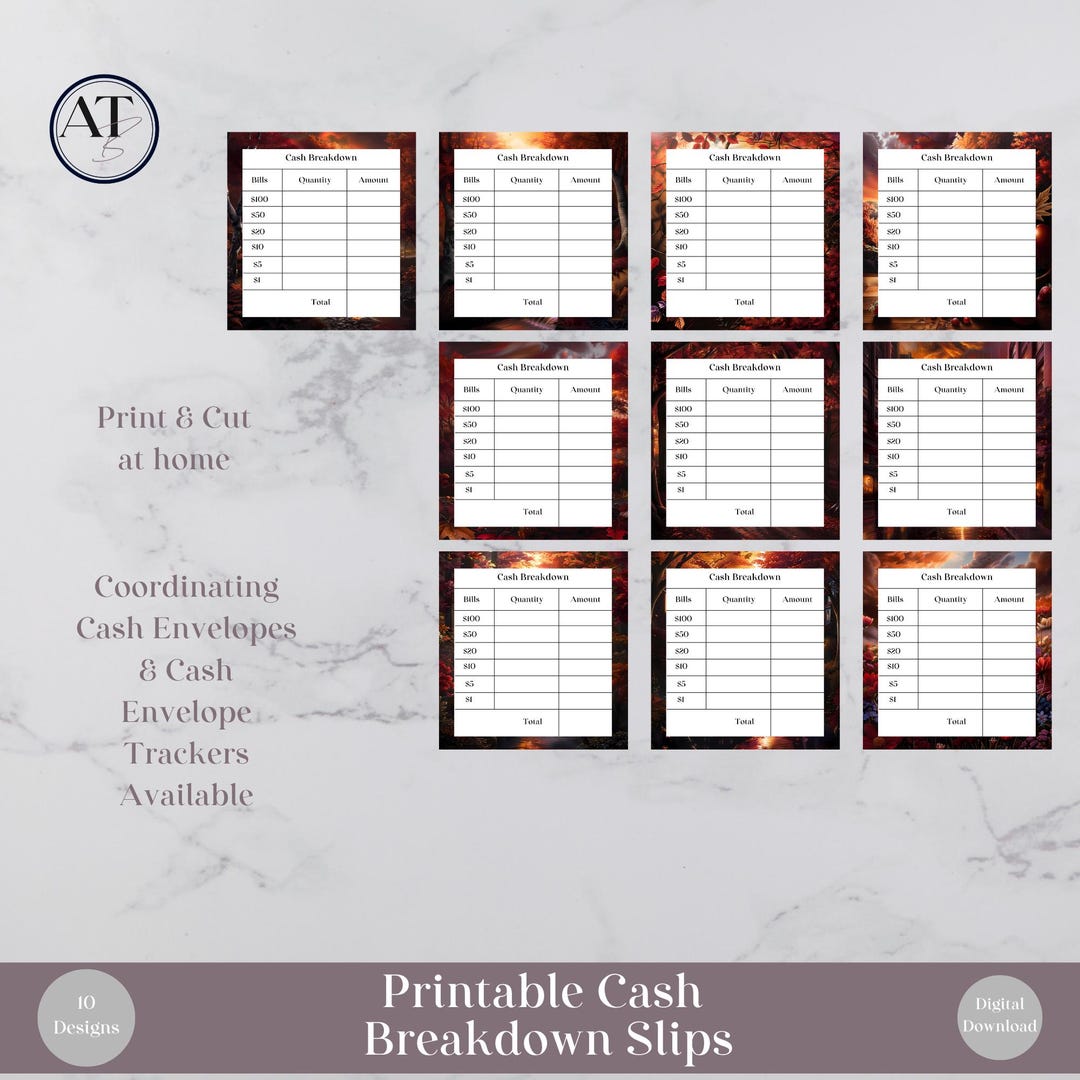 Printable Cash Breakdown Slips, Digital Download, Autumn Scenes Designs ...