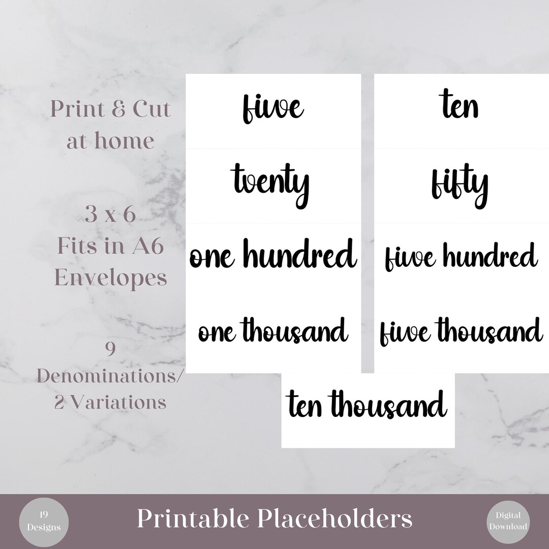 Dollar Bill Placeholders for Cash Stuffing | Printable Cash Place ...
