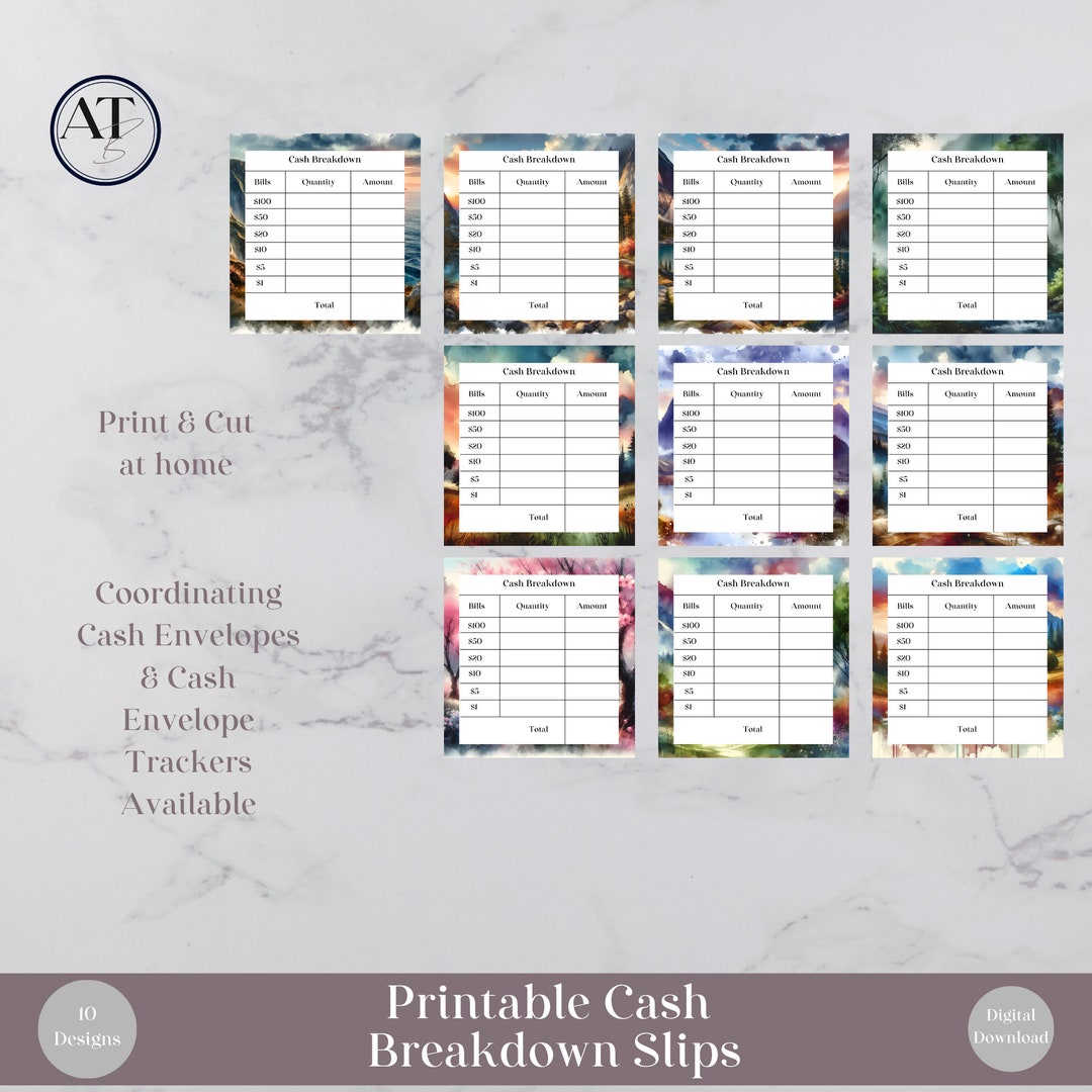 Printable Cash Breakdown Slips, Digital Download, Watercolor Landscapes ...