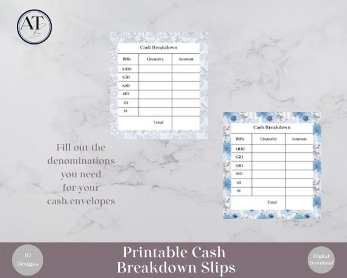 Printable Cash Breakdown Slips Digital Download Blue Floral - Etsy